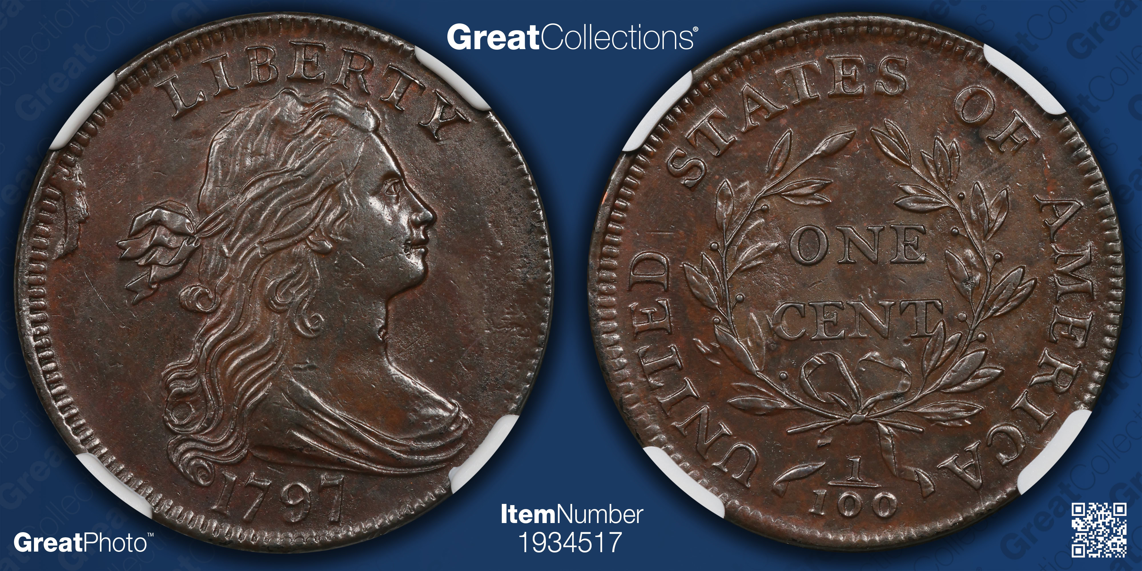 1797 Draped Bust Cent Reverse of '97, Stems Sheldon 130 NGC AU-58 BN ...