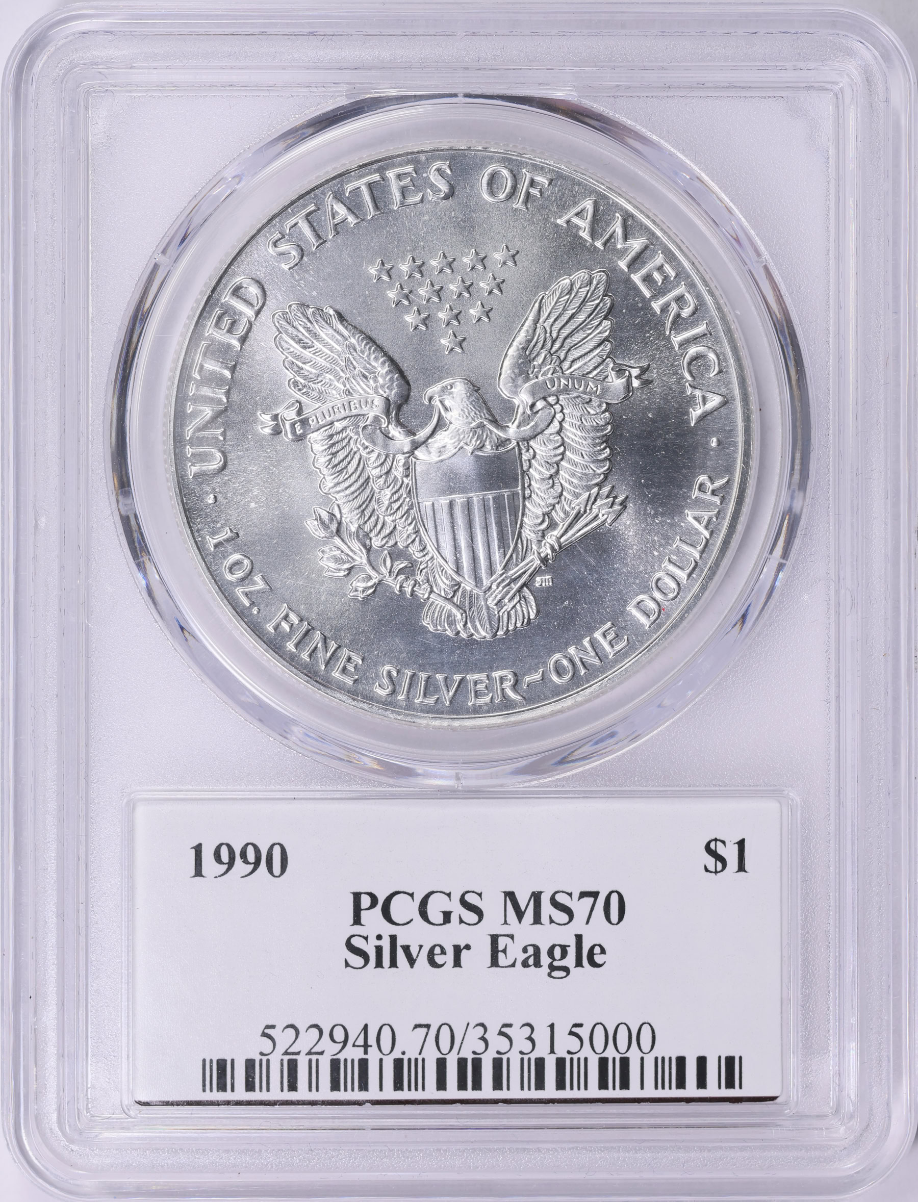 1990 $1 Silver Eagle PCGS MS-70 (Mercanti Signed Flag Label) (Item ...