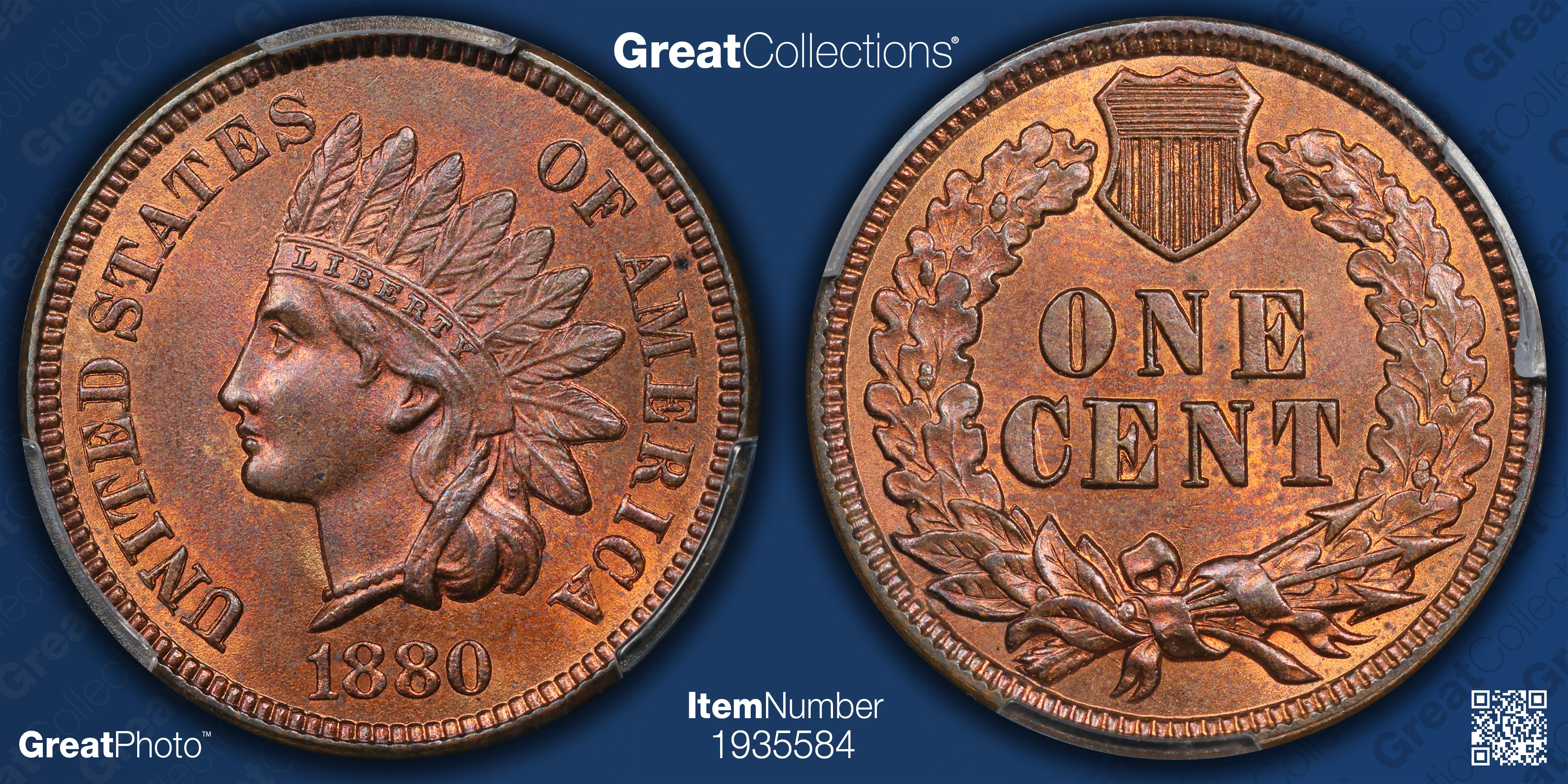 1880 Indian Cent PCGS MS-64 RB (Item 1935584) | GreatCollections Coin ...