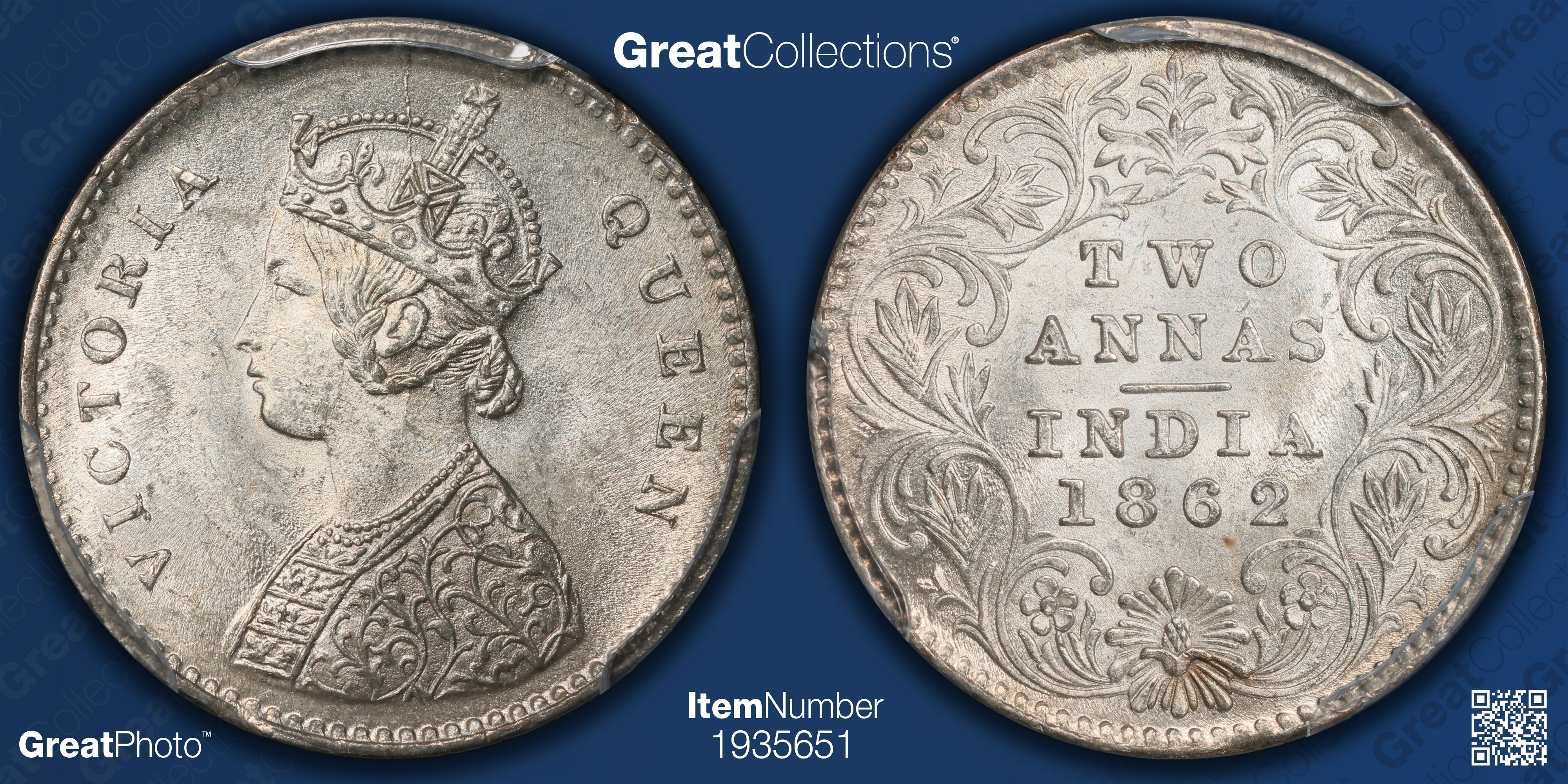 India 1862-(C) Silver 2 Annas SW-I Reverse KM-488 PCGS MS-63 (Item ...