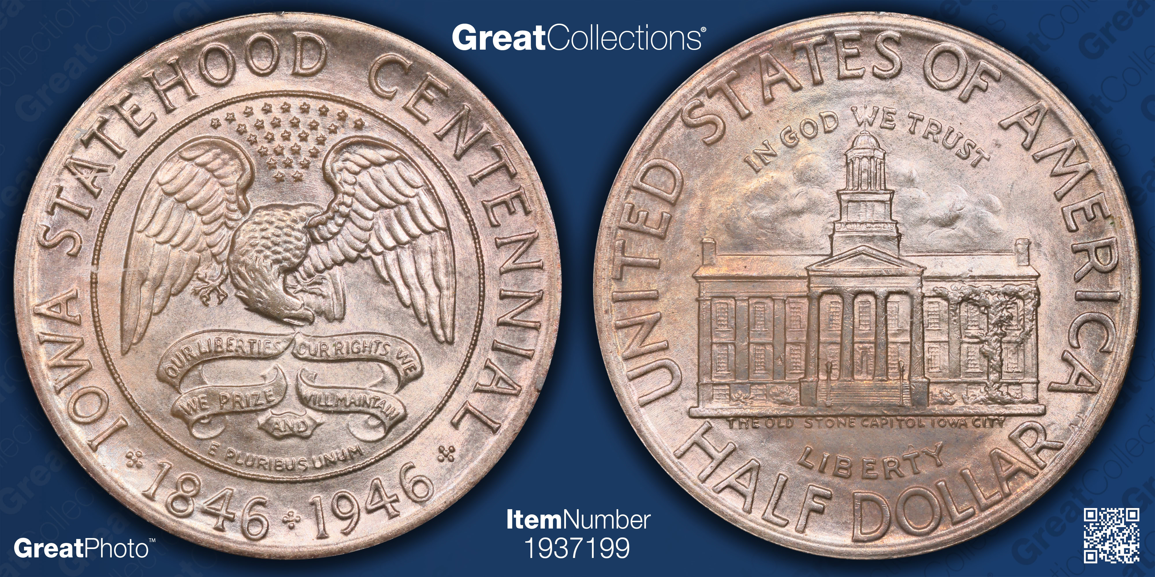 1946 Iowa Centennial Half Dollar PCGS MS-64 (CAC Green) OGH (1st Gen ...