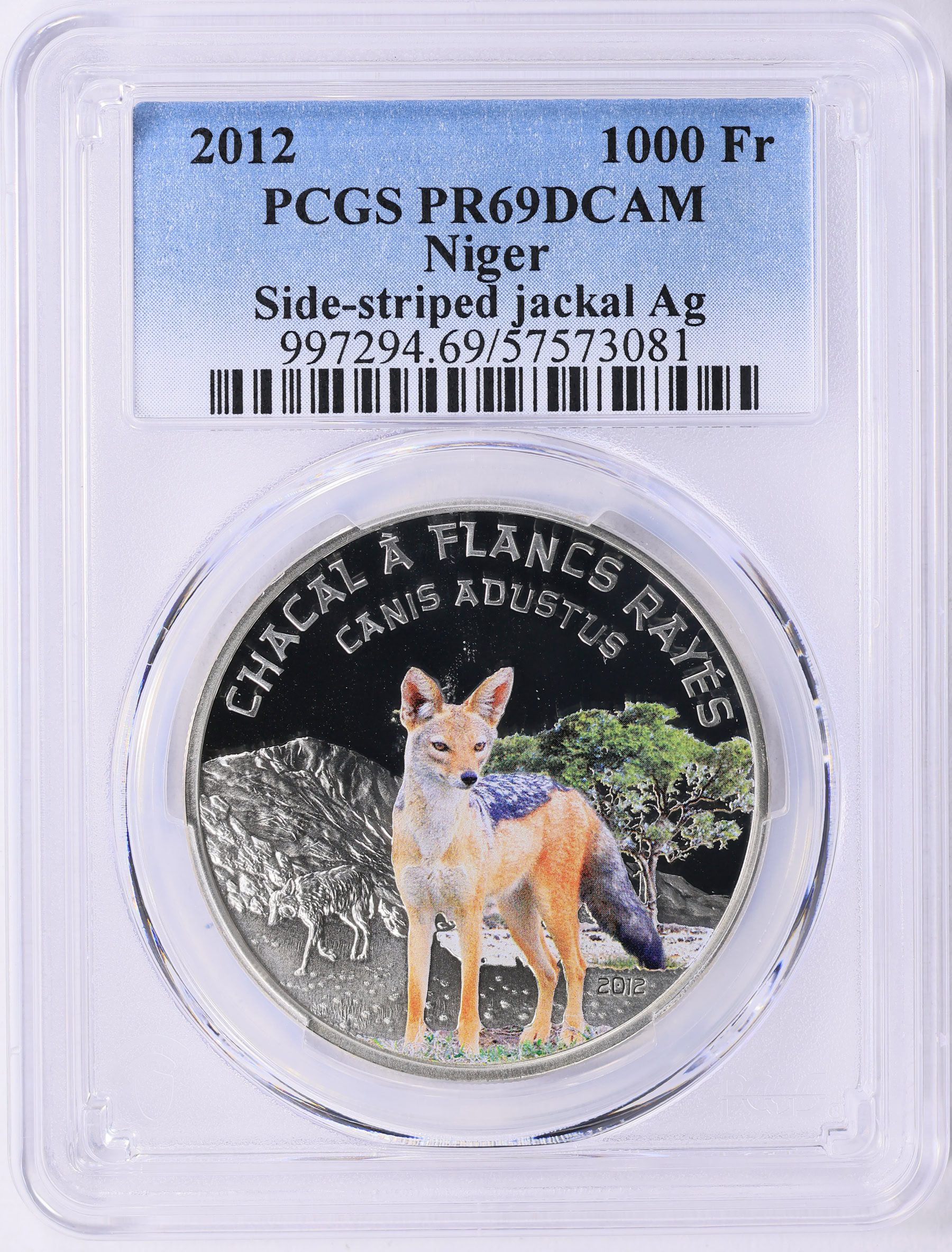 Niger 2012 Silver 1000 Fr Side-striped jackal KM-19 PCGS Proof-69 DCAM ...