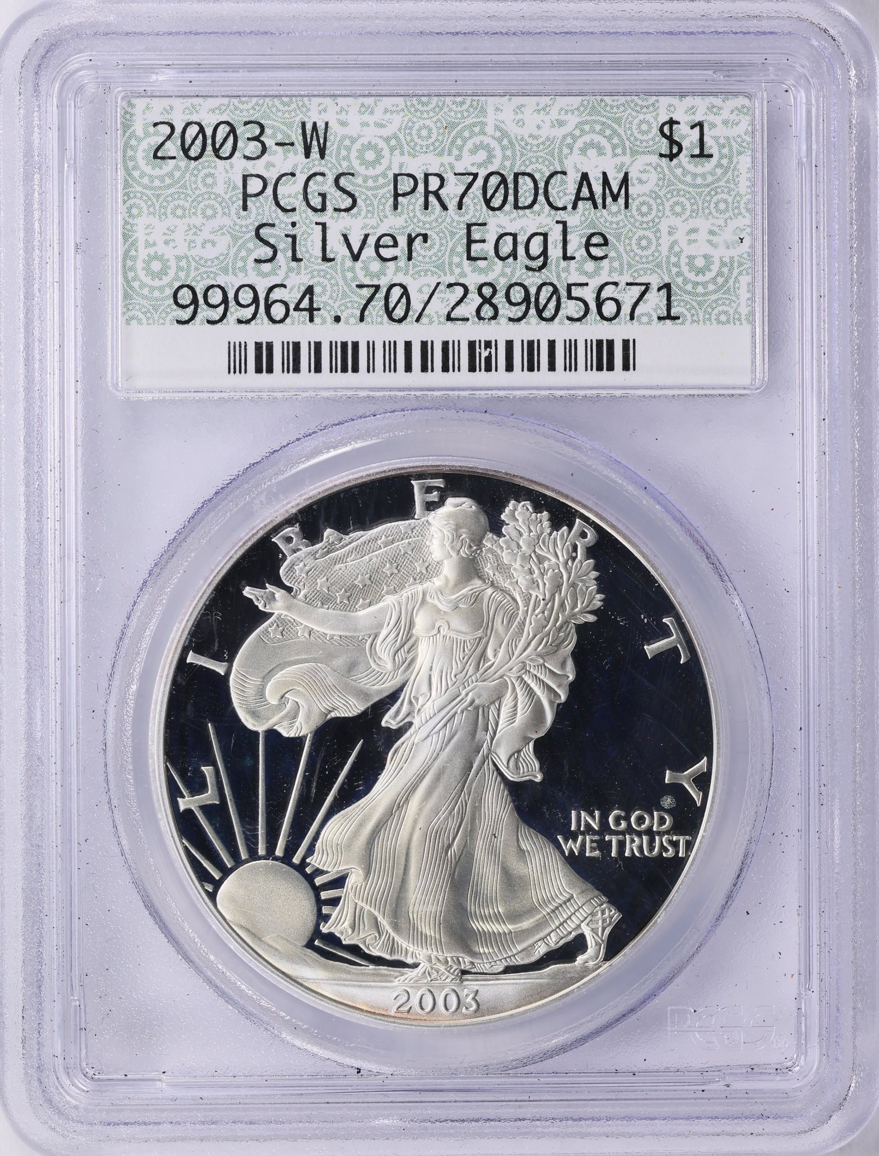 2003-W $1 Silver Eagle PCGS Proof-70 DCAM (Green Doily Retro Label ...