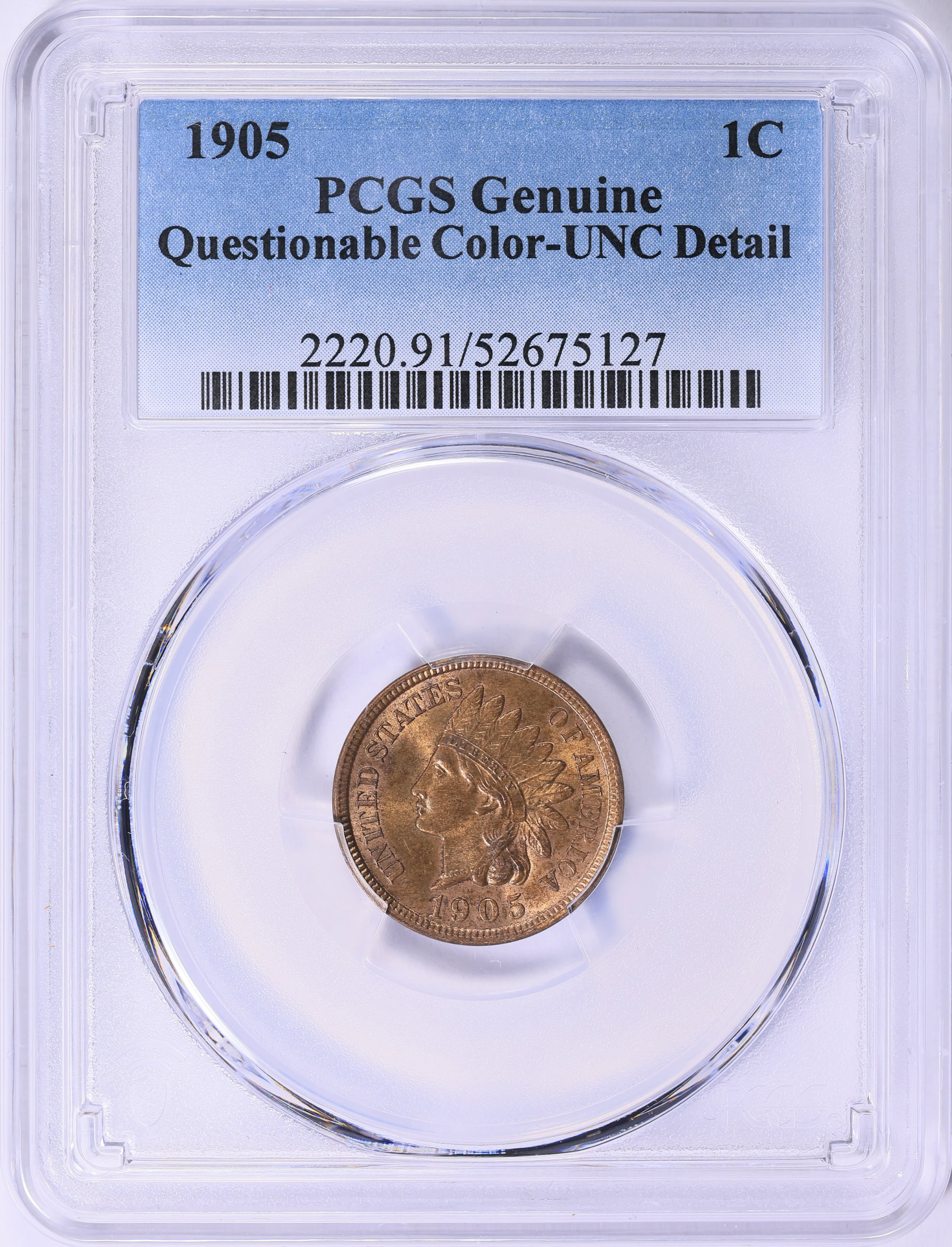 1905 Indian Cent PCGS Genuine Unc Details (Art. Toned) (Item 1938182 ...