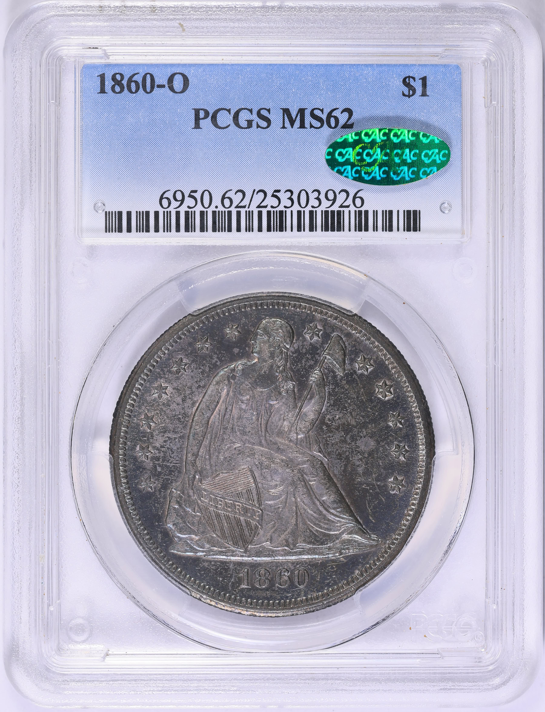 1860-O Seated Liberty Silver Dollar PCGS MS-62 (CAC Green) (Toned ...