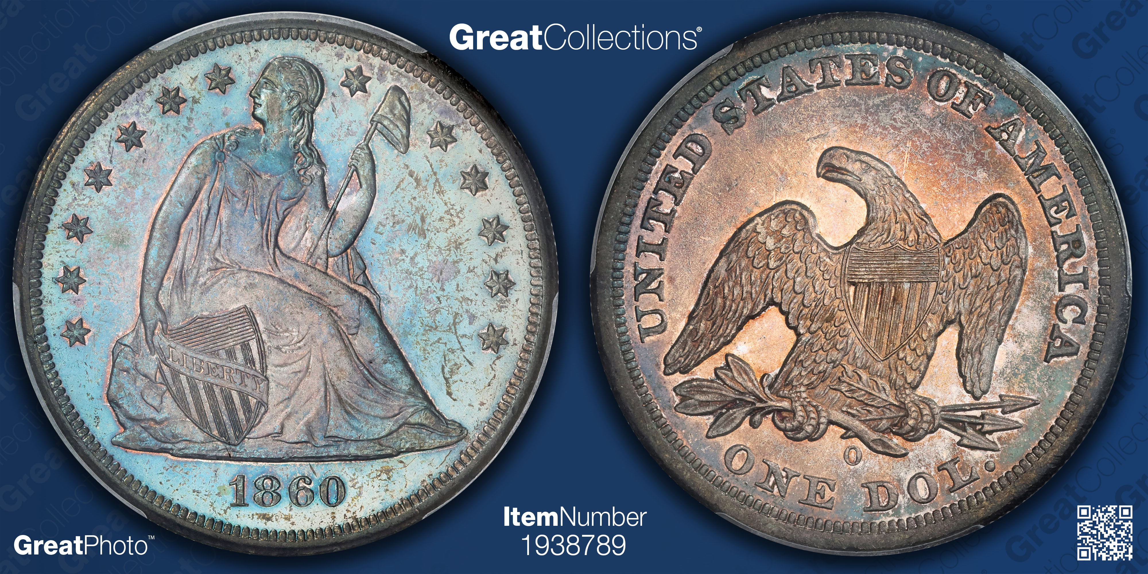 1860-O Seated Liberty Silver Dollar PCGS MS-62 (CAC Green) (Toned ...