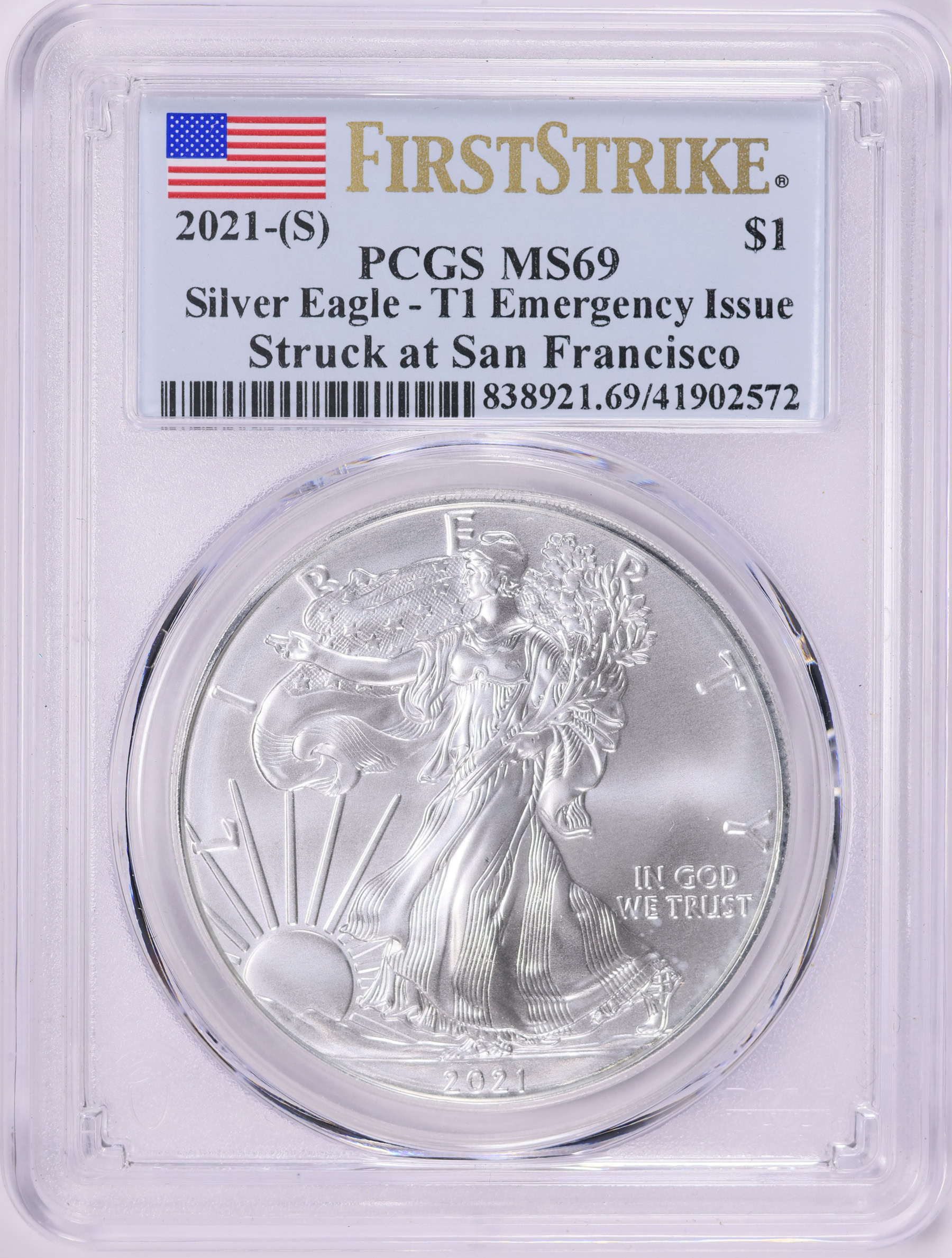 2021-(S) $1 Silver Eagle Struck at San Francisco T1 Emergency Issue First Strike PCGS MS-69 ...