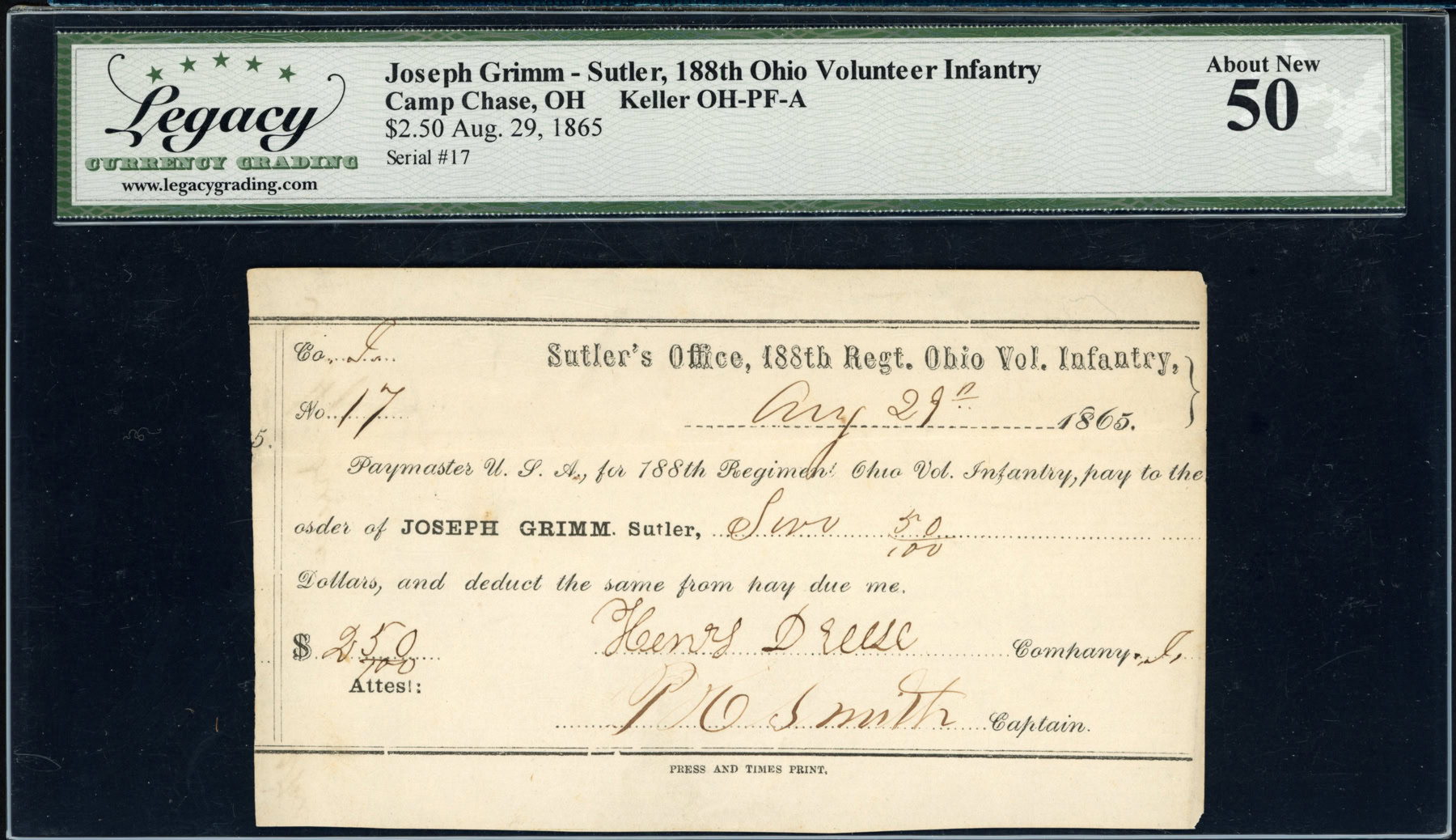 Aug. 29, 1865 Columbus Ohio 188th Ohio Volunteer Infantry $2.50 Joseph ...