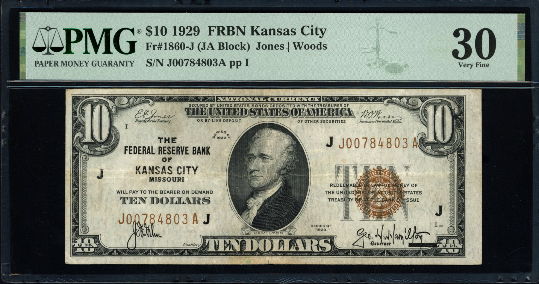 Fr. 1860-J (JA Block) 1929 $10 Kansas City Federal Reserve Bank Note ...
