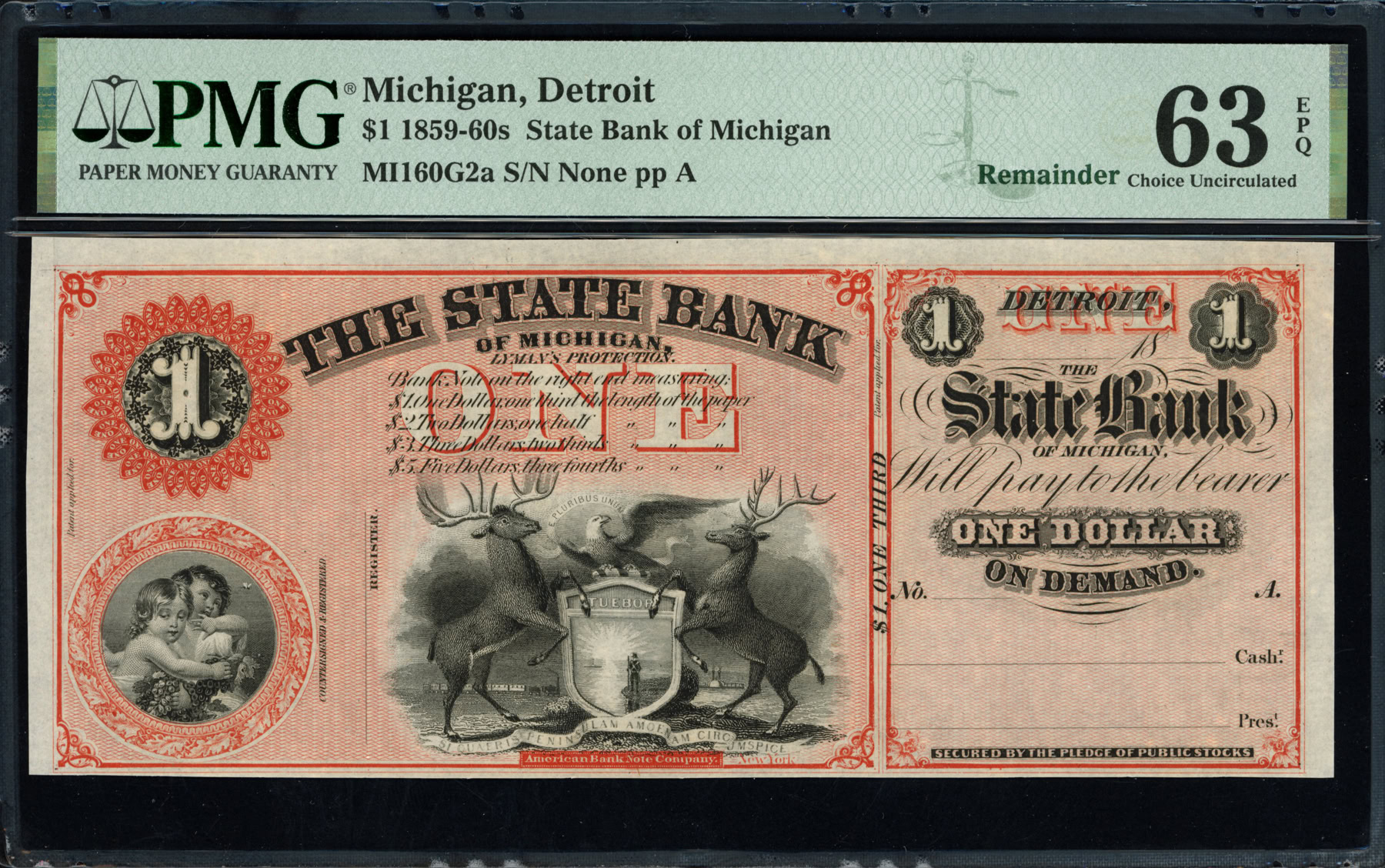 1859-60s Detroit, Michigan State Bank of Michigan $1 Remainder Note PMG ...