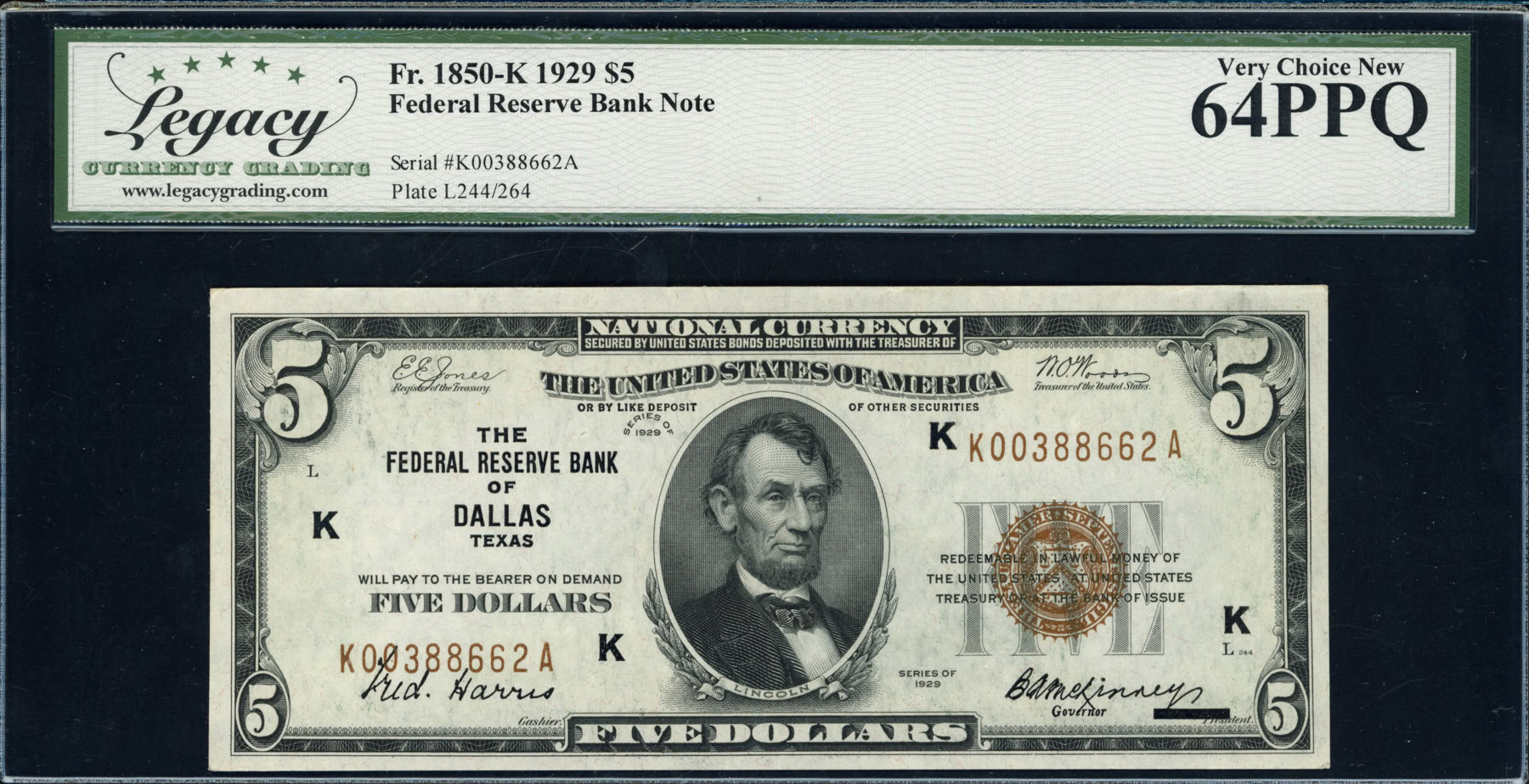 Fr. 1850-K (KA Block) 1929 $5 Dallas Federal Reserve Bank Note Jones ...