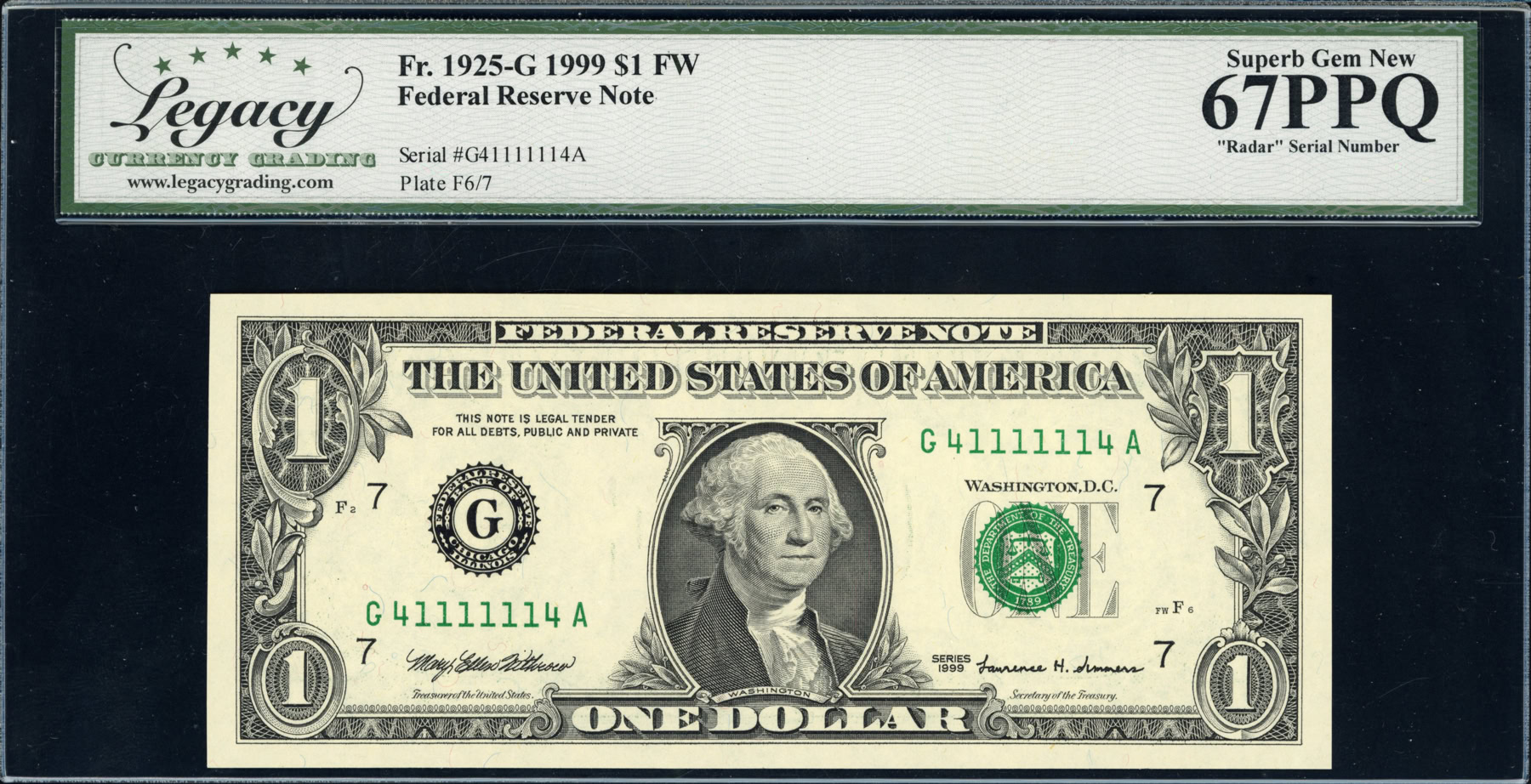 Fr. 1925-G (GA Block) 1999 $1 Chicago Federal Reserve Note *Radar ...
