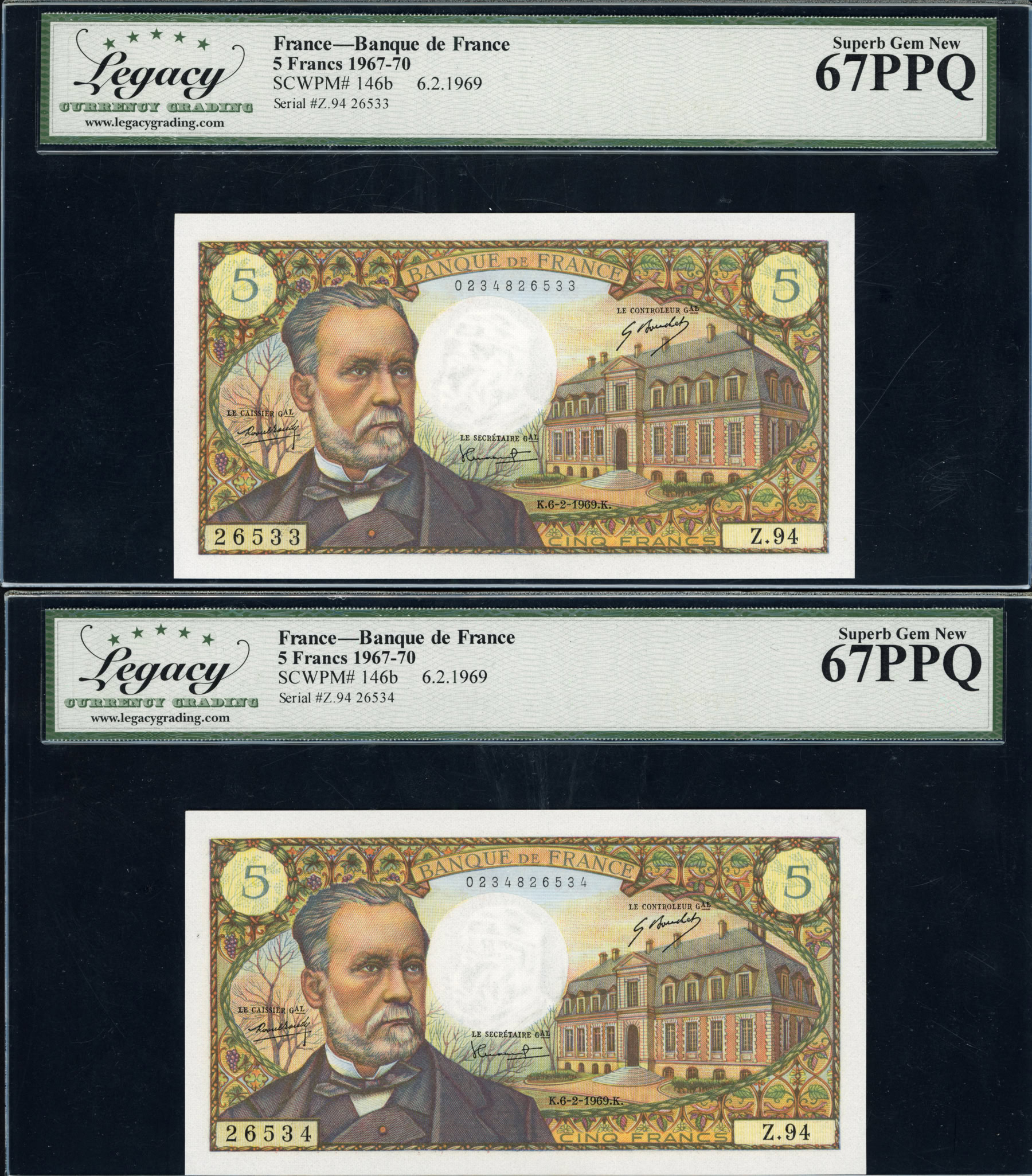 France 1969 5 Francs Banque de France Notes *Sequential Serial Number ...