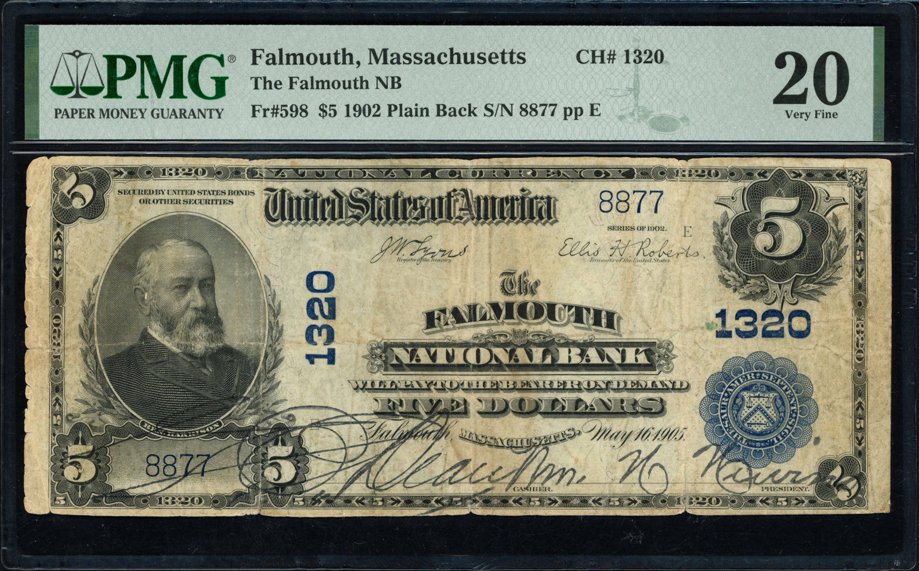 Fr. 598 Falmouth, Massachusetts 1902 $5 Plain Back Note The Falmouth ...