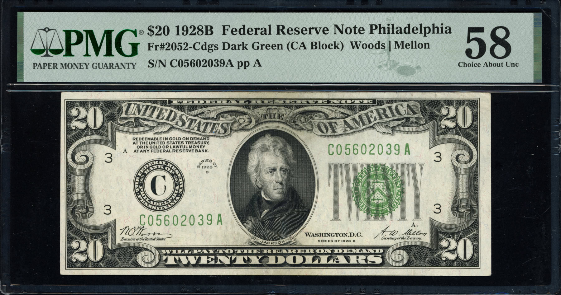 Fr. 2052-Cdgs Dark Green (CA Block) 1928B $20 Philadelphia Federal ...