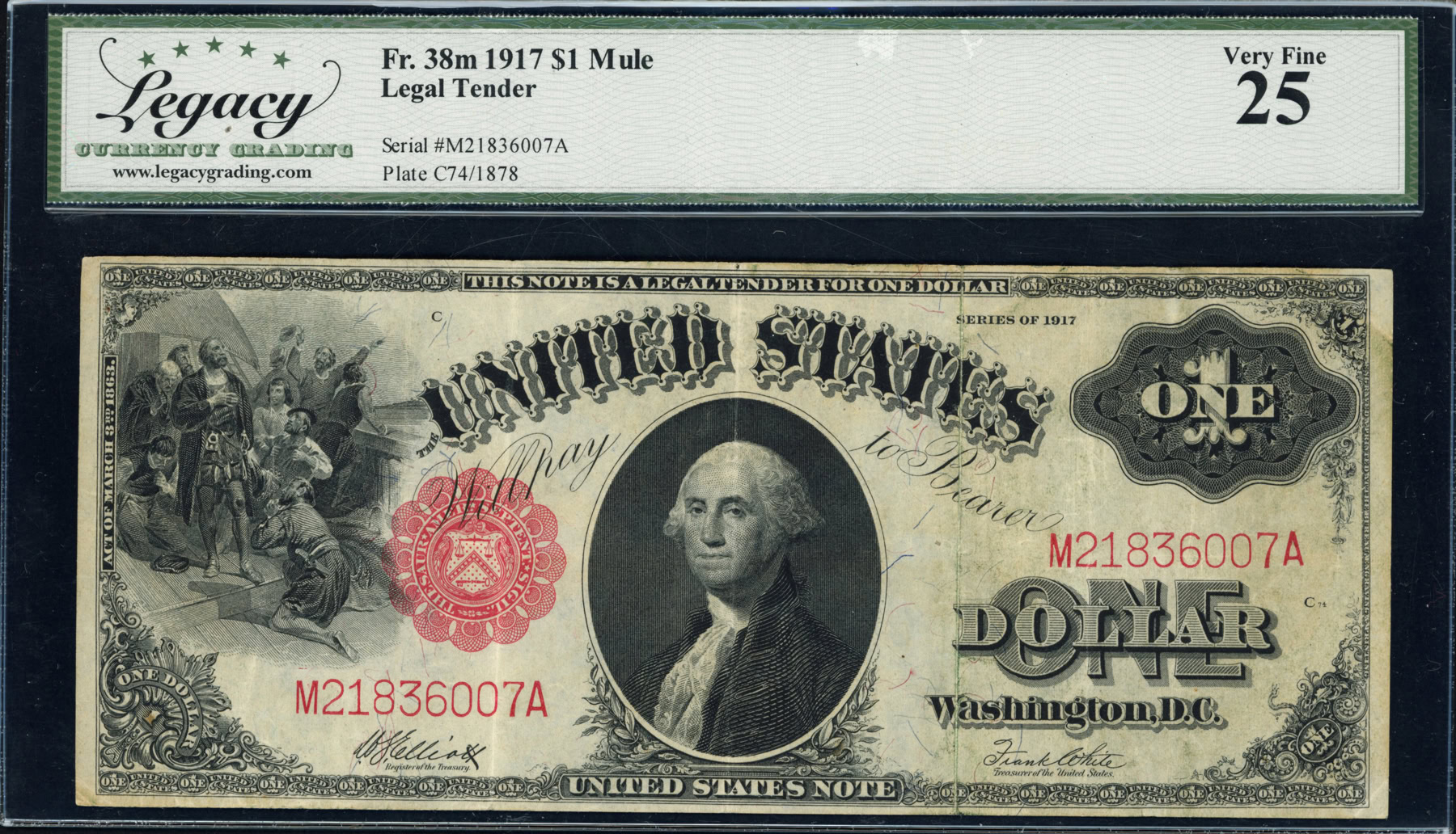 Fr. 38m 1917 $1 Legal Tender Mule Note Elliott / White Legacy Very Fine ...