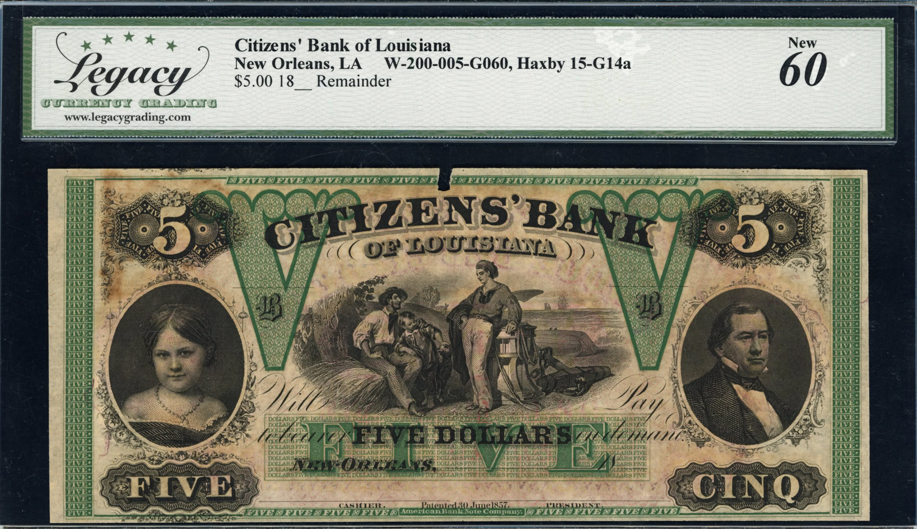 1860s New Orleans, Louisiana Citizens' Bank of Louisiana $5 Remainder ...
