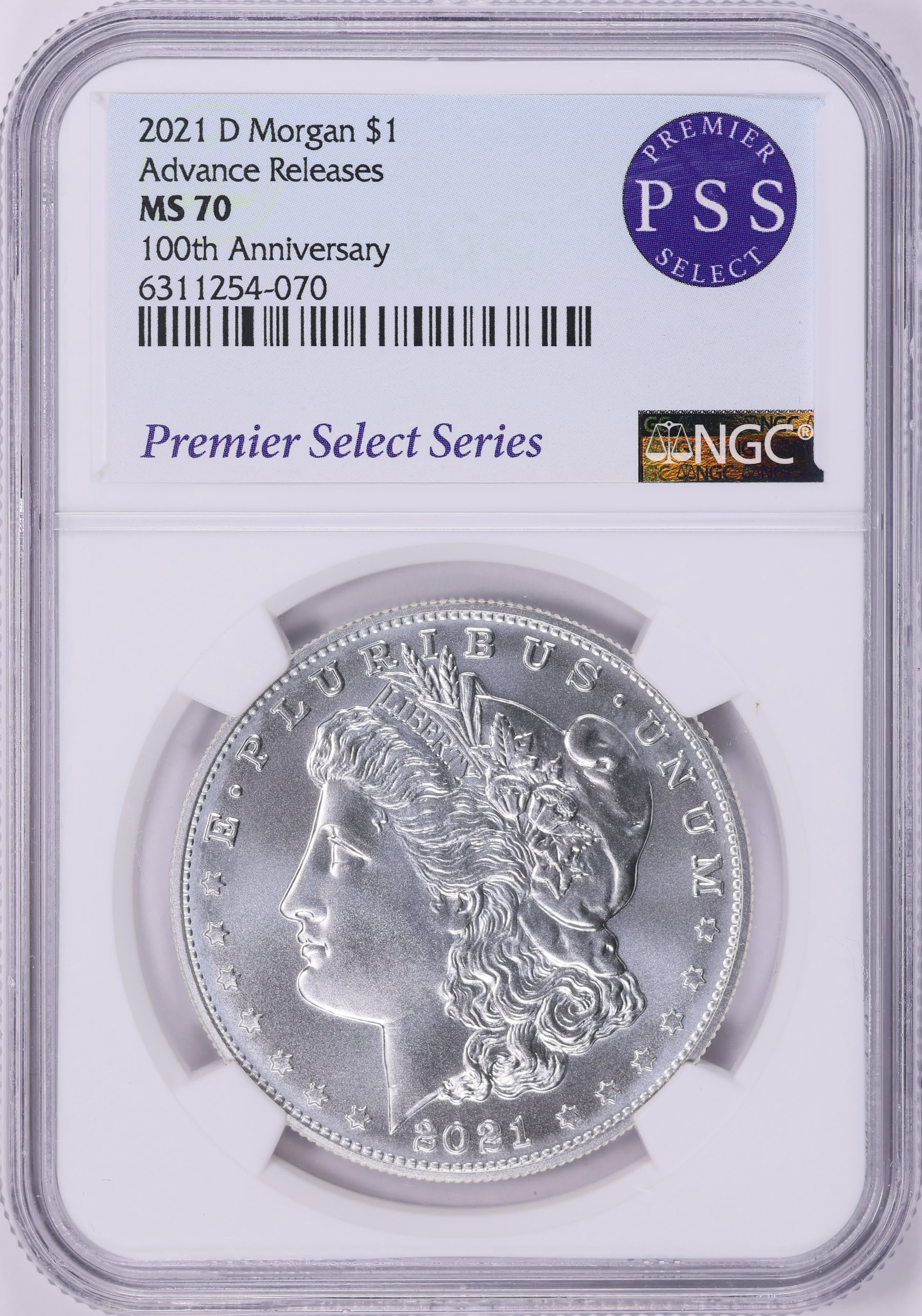 2021-D Morgan Silver Dollar 100th Anniversary Advance Releases NGC MS-70 (Premier Select Series ...