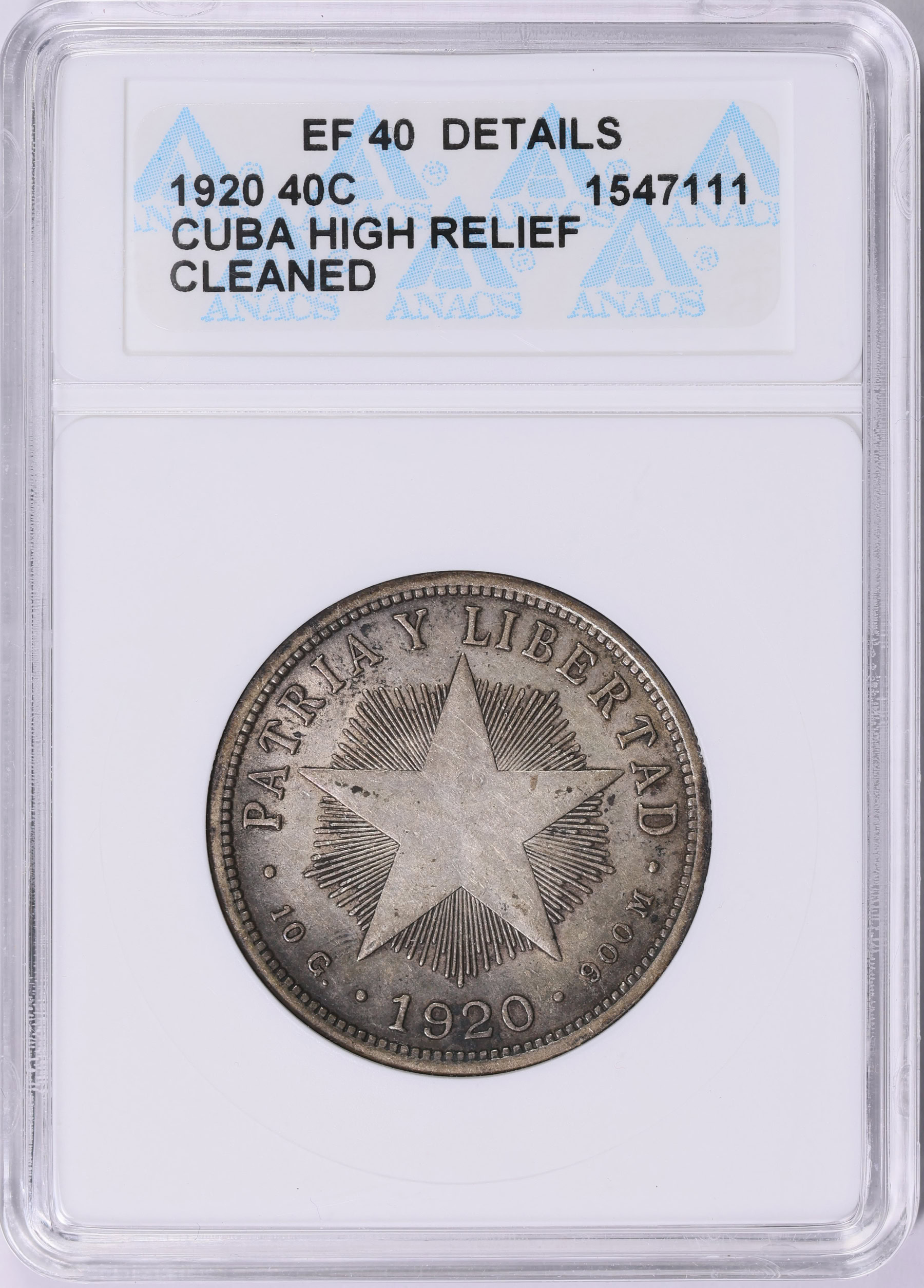 Cuba 1920 Silver 40 Centavos High Relief KM-14 ANACS XF-40 Details OH ...