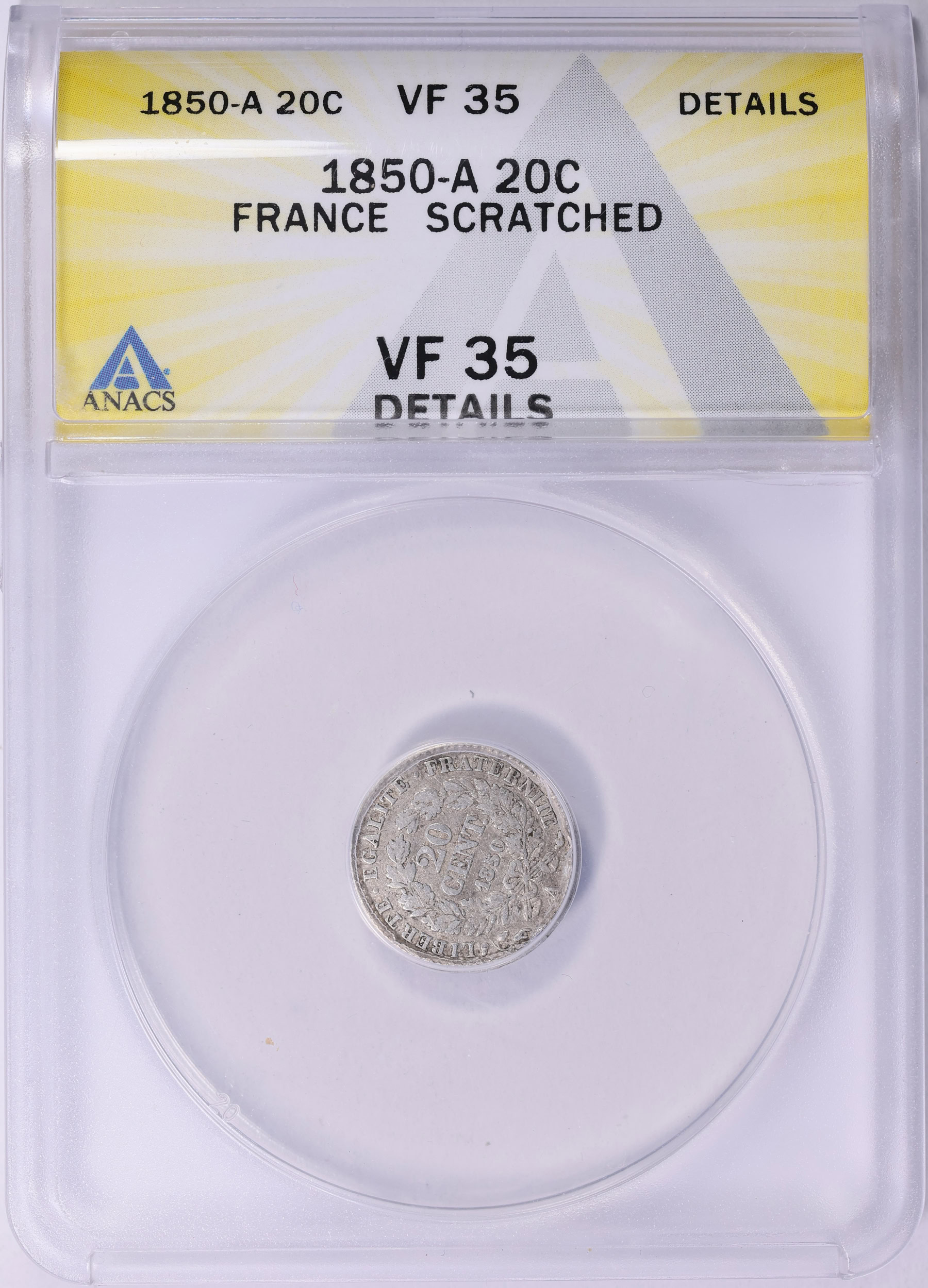 France 1850-A Silver 20 Centimes KM-769.1 ANACS VF-35 Details (Item ...