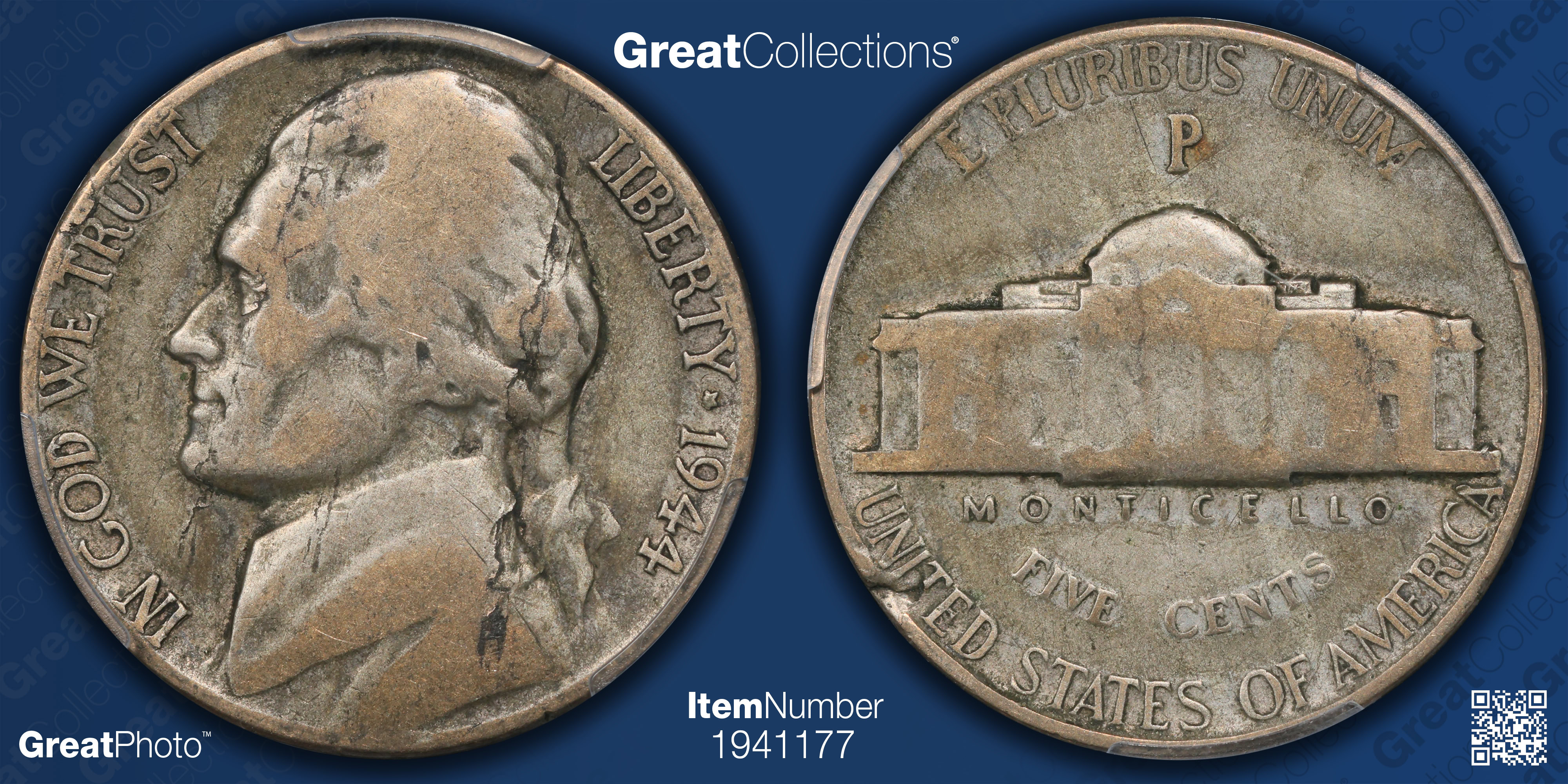 Mint Error 1944-P Jefferson Nickel Obverse/Reverse Laminations PCGS VG ...