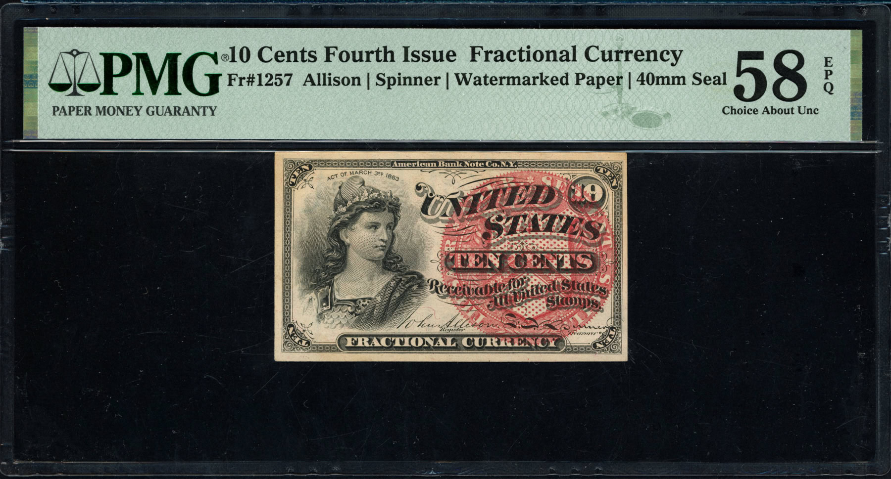 Fr. 1257 Fourth Issue 10 Cents Fractional Currency Note Allison ...