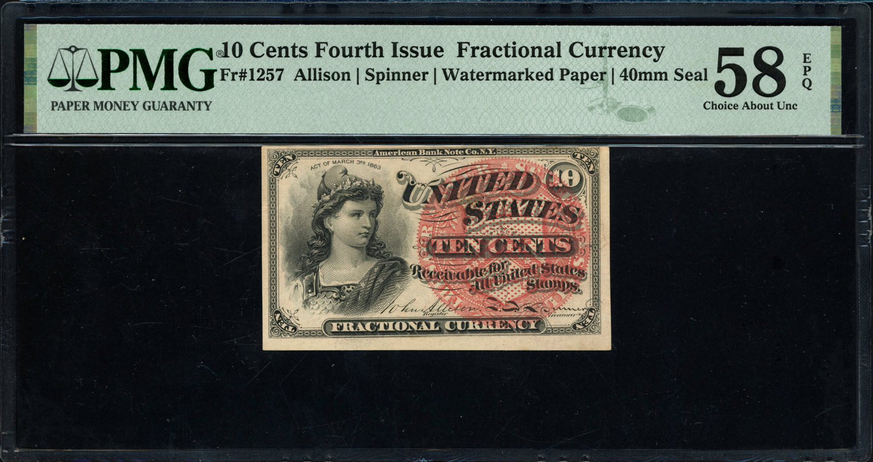 Fr. 1257 Fourth Issue 10 Cents Fractional Currency Note Allison ...