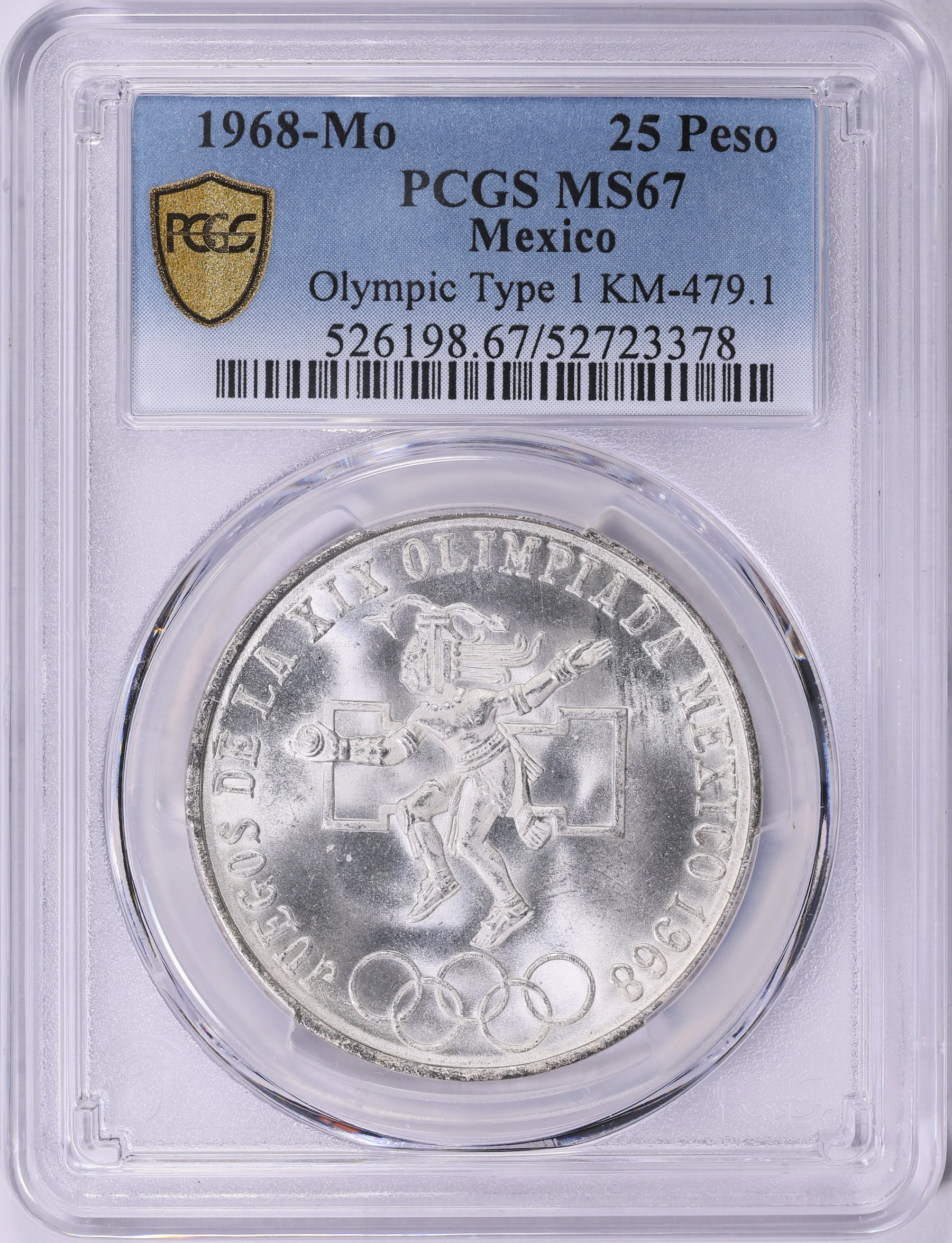 Mexico 1968-Mo Silver 25 Pesos Olympics Type 1 KM-479.1 PCGS MS-67 ...