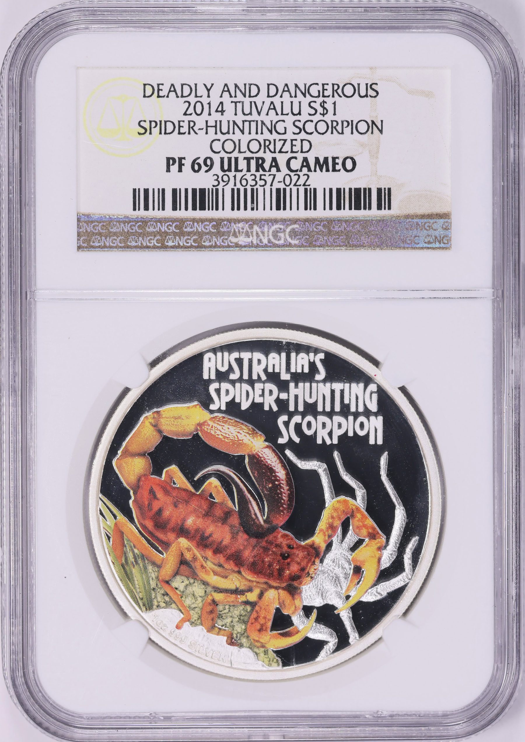 Tuvalu 2014 Colorized Silver Dollar Spider-Hunting Scorpion NGC Proof ...