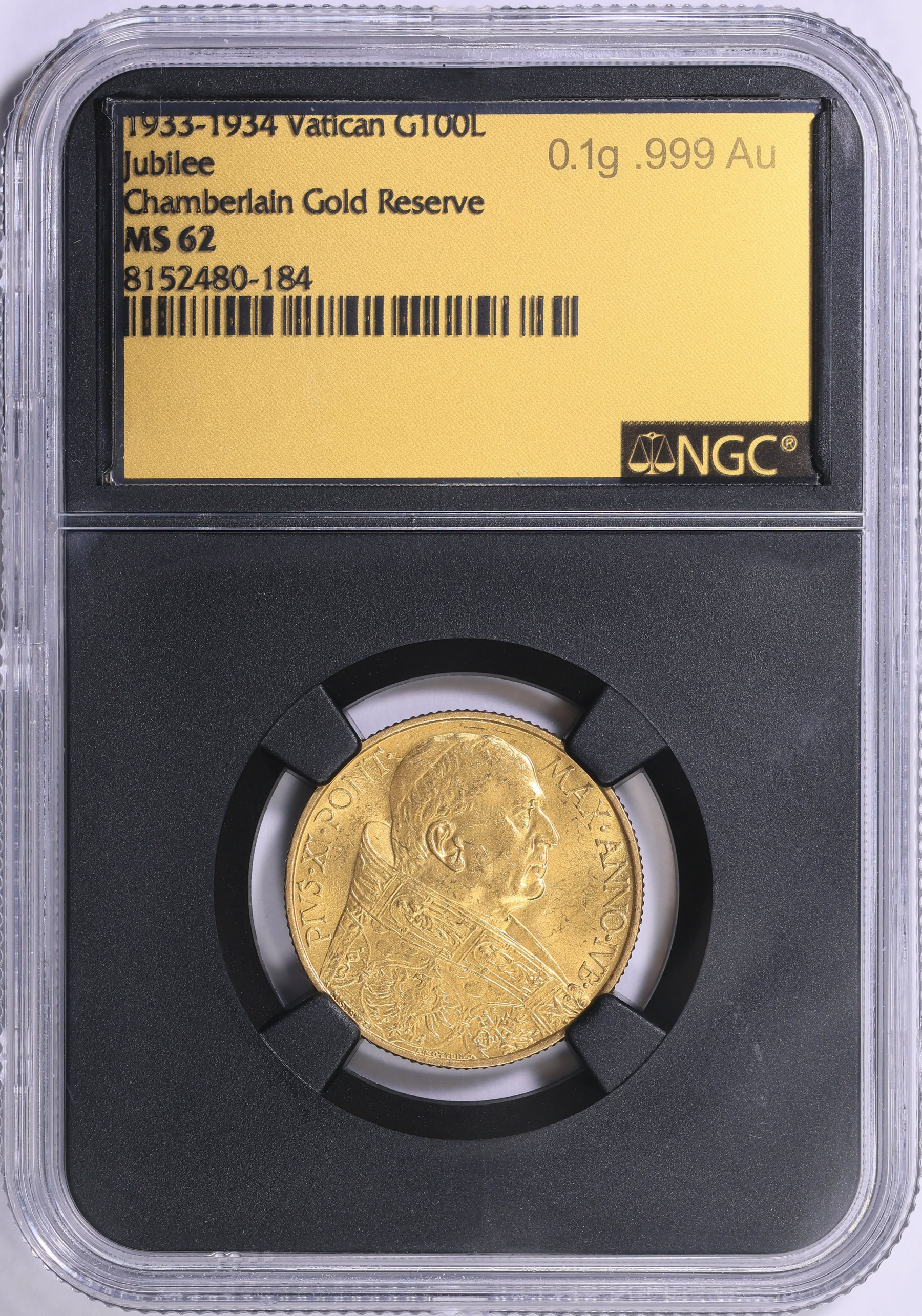 Vatican City 1933-34 Gold 100 Lire Jubilee KM-19 NGC MS-62 (Gold Metal ...