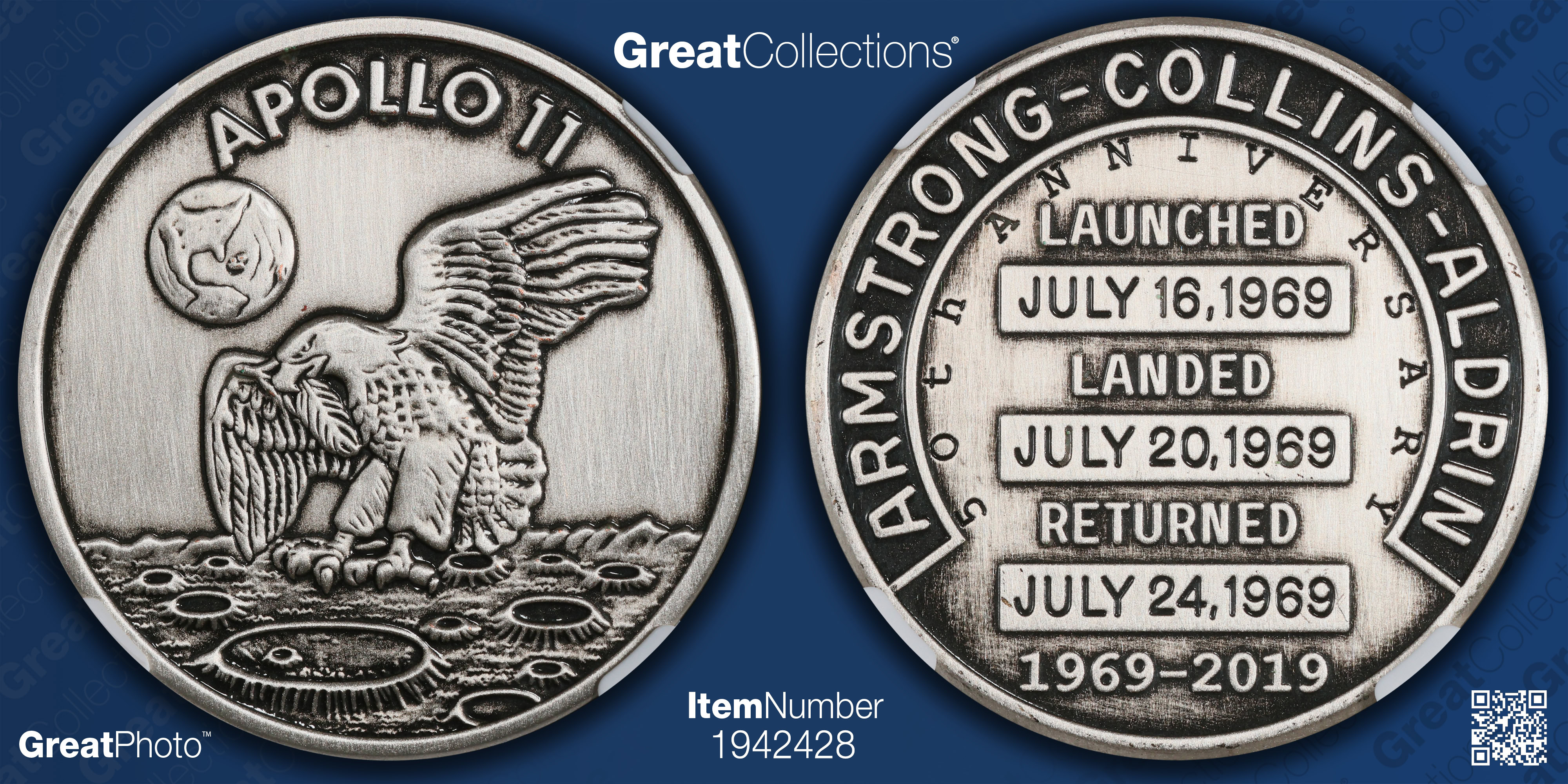 2019 Silvered Clad 1oz Apollo 11 50th Anniversary Robbins Medal ...