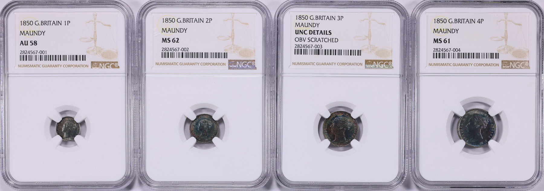 Great Britain 1850 Silver 1p, 2p, 3p & 4p Maundy Set KM-MD100 NGC Unc ...