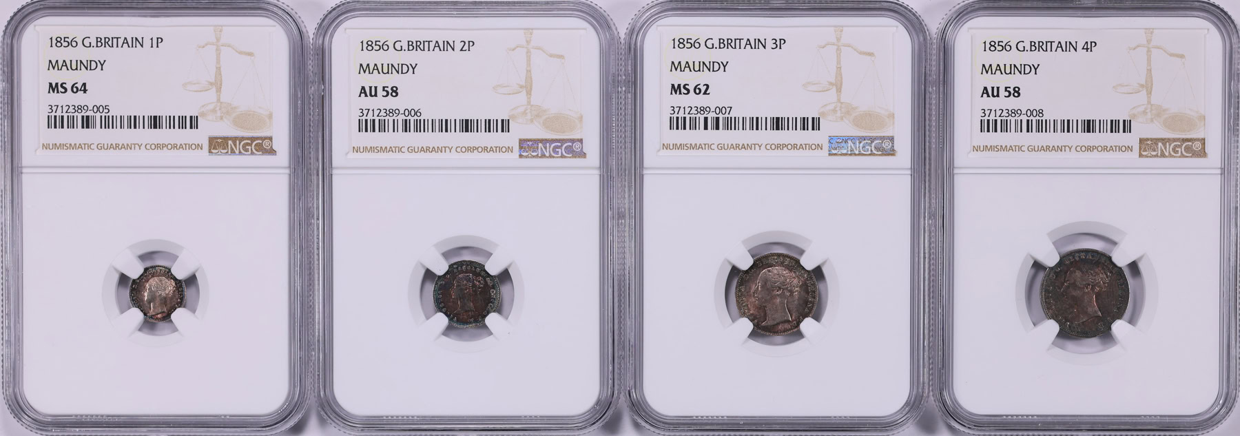 Great Britain 1856 Silver 1p, 2p, 3p & 4p Maundy Set KM-MDS107 NGC AU-58 to MS-64 (Toned) (4 ...