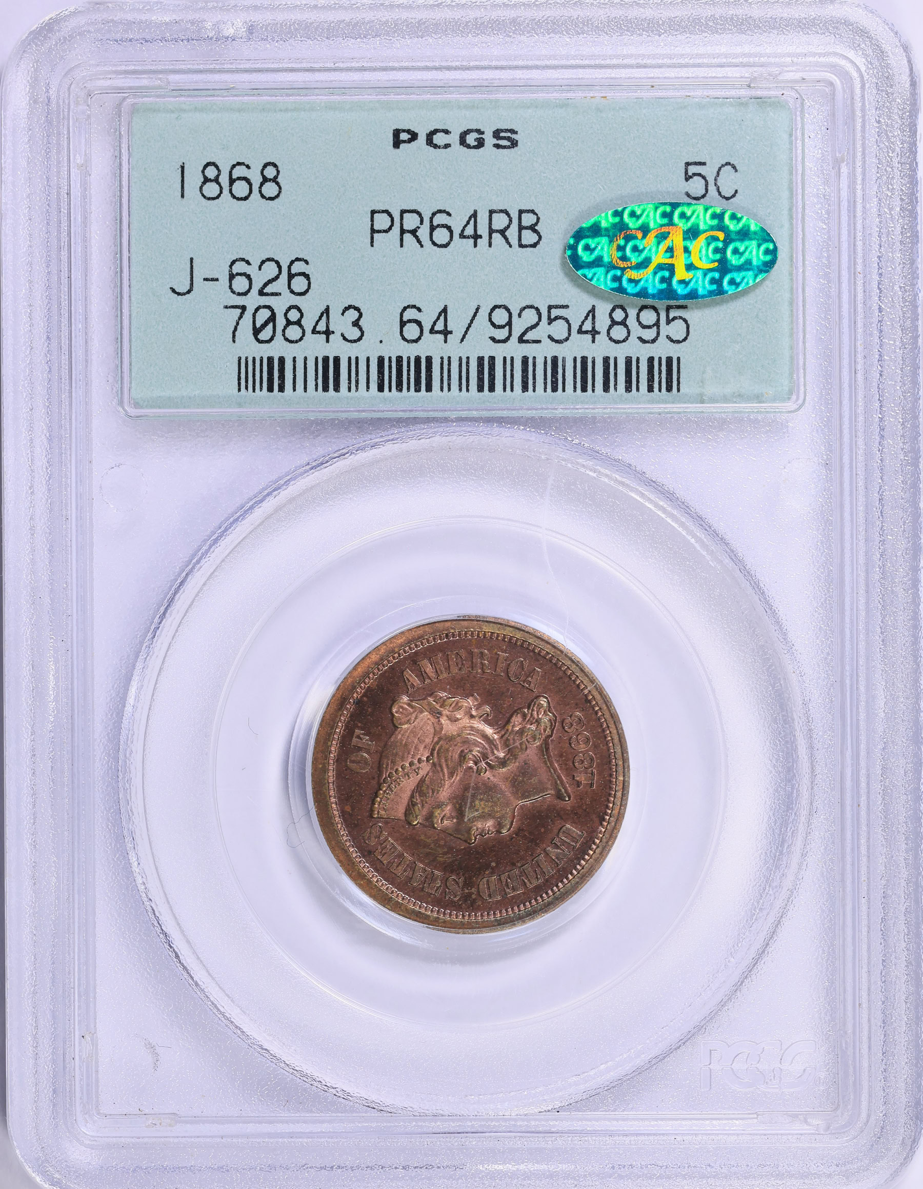 Pattern 1868 5c J-626 PCGS Proof-64 RB (CAC Green) OGH (Item 1943339 ...