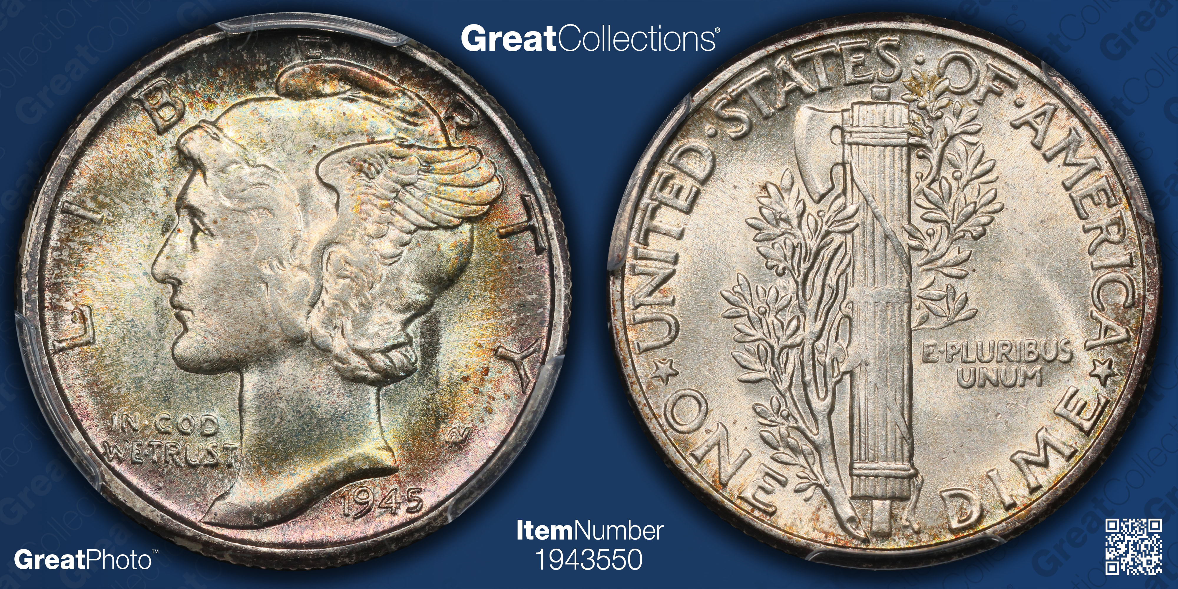 1945 Mercury Dime PCGS MS-65 (Toned) (Item 1943550) | GreatCollections ...