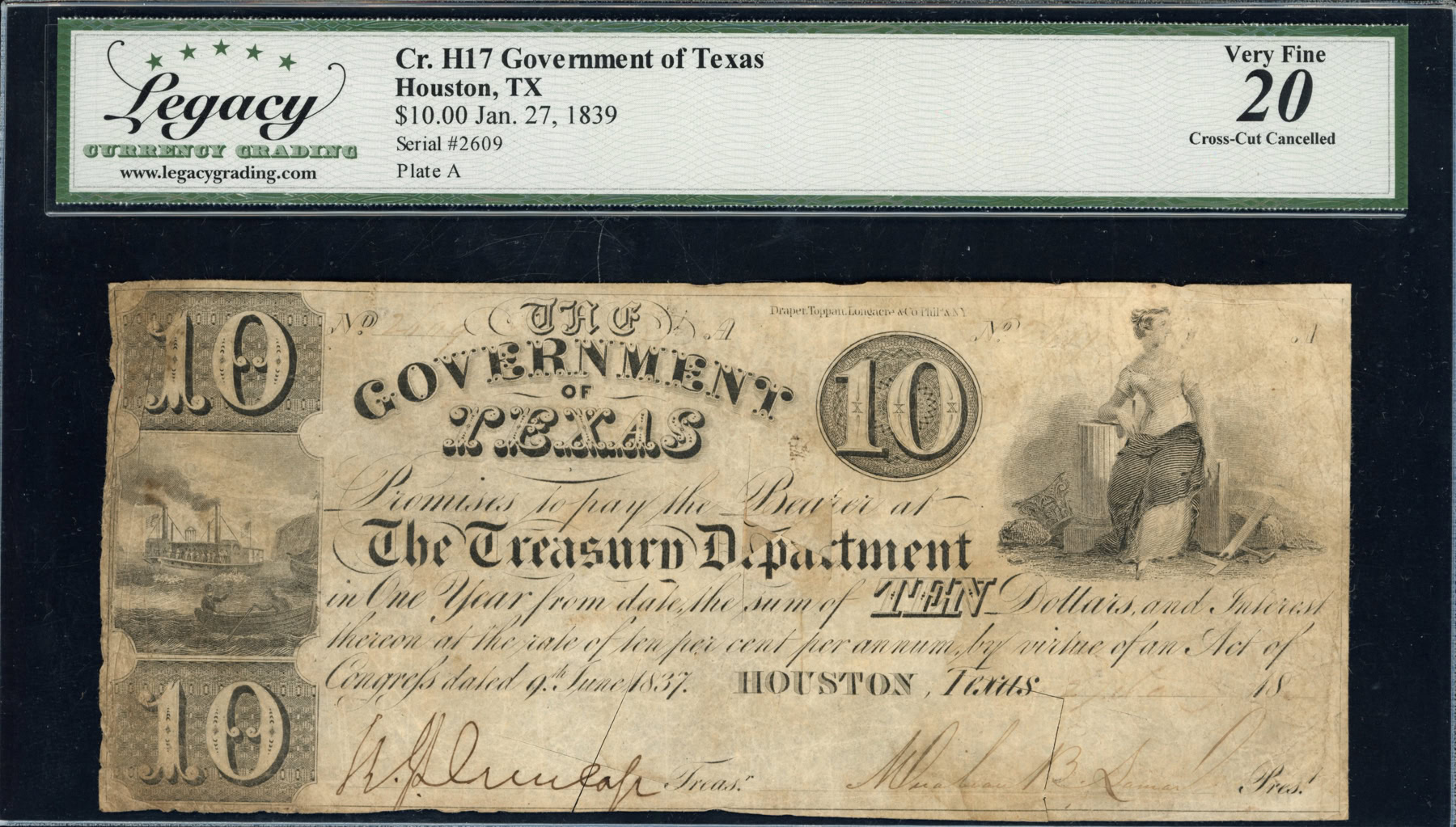 Jan. 27, 1839 Houston, Texas Government of Texas $10 Note Legacy Very ...