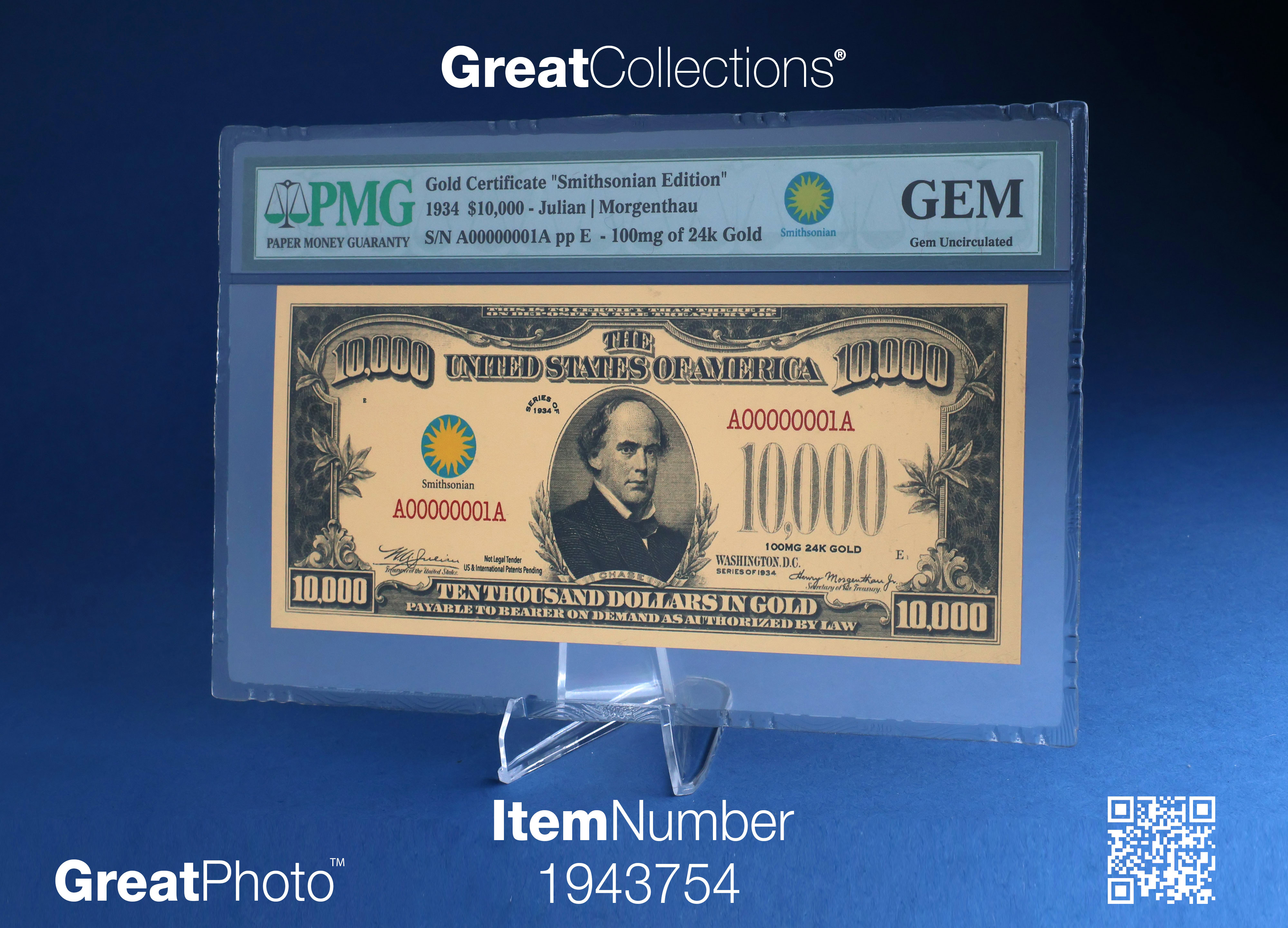 "1934" $10,000 Gold Certificate "Smithsonian Edition" Note of 100mg of ...