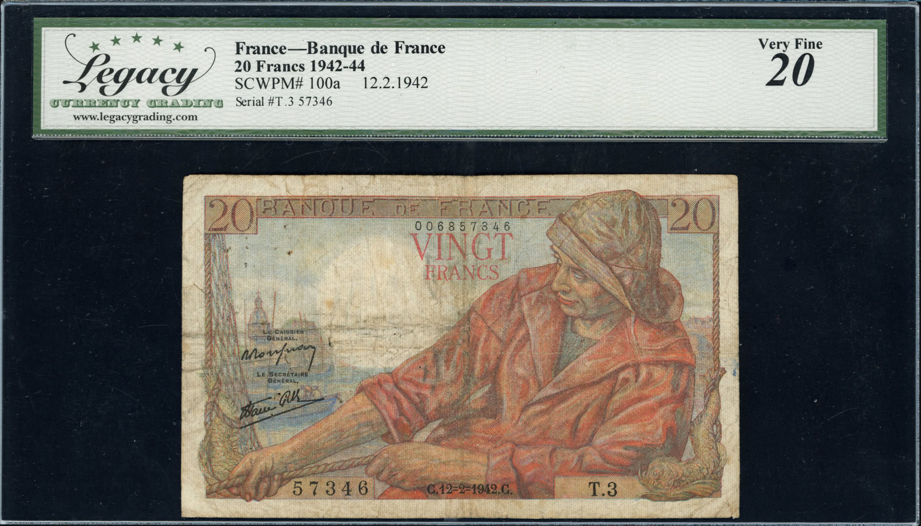 France 1942 20 Francs Banque de France Note SCWPM-100a Legacy Very Fine ...