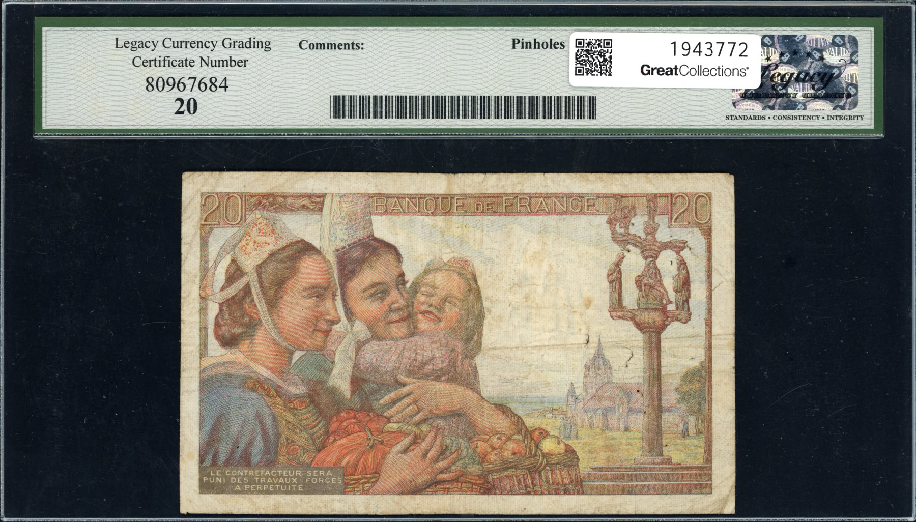 France 1942 20 Francs Banque de France Note SCWPM-100a Legacy Very Fine ...