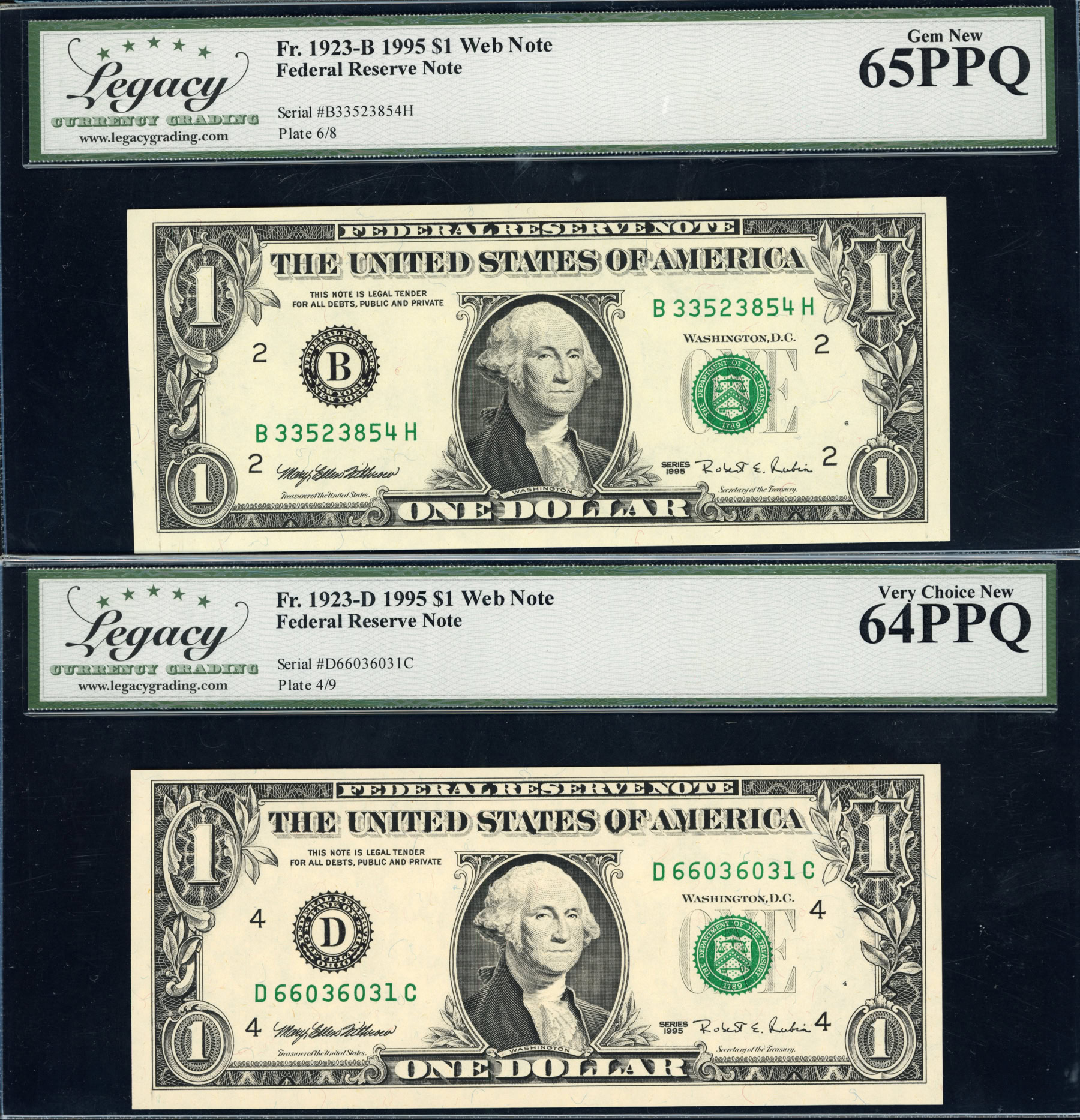 Fr. 1923-B&D 1995 $1 Federal Reserve Web Press Notes Withrow / Rubin ...
