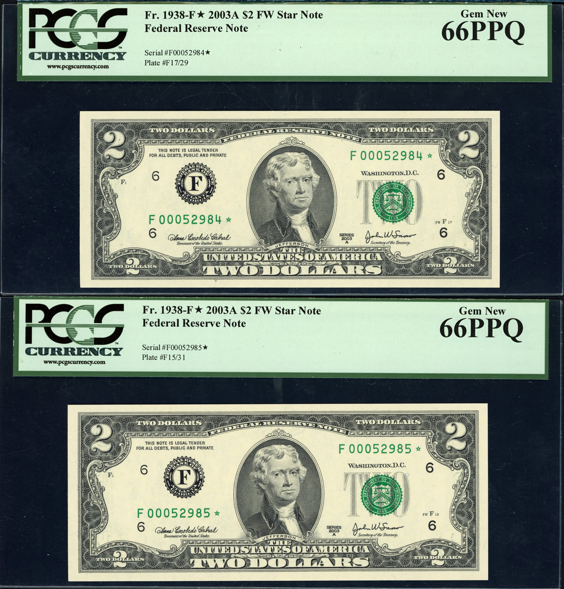 Fr. 1938-F* (F* Block) 2003A $2 Atlanta Federal Reserve Star Notes ...