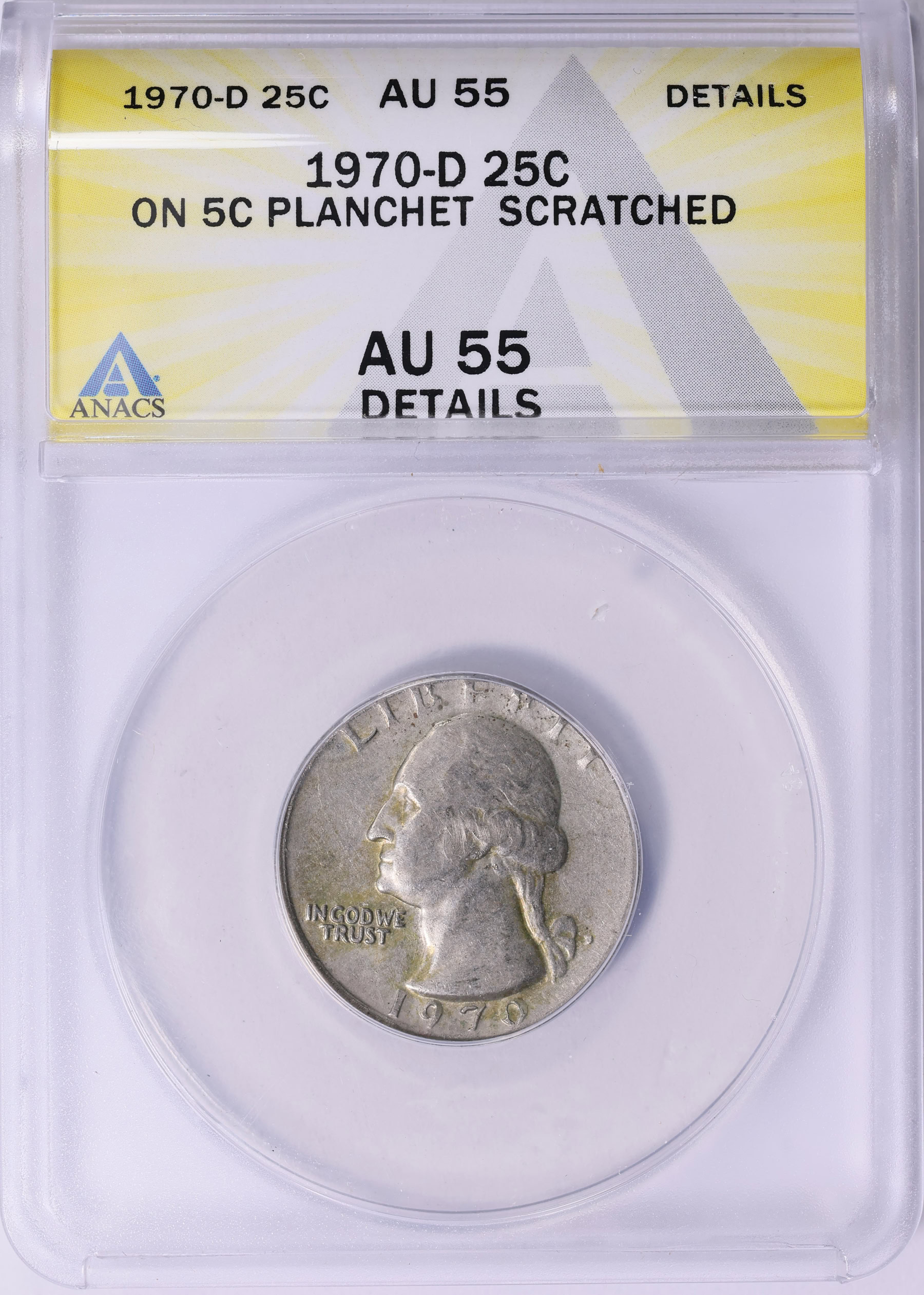 Mint Error 1970-D Washington Quarter On 5c Planchet ANACS AU-55 Details ...