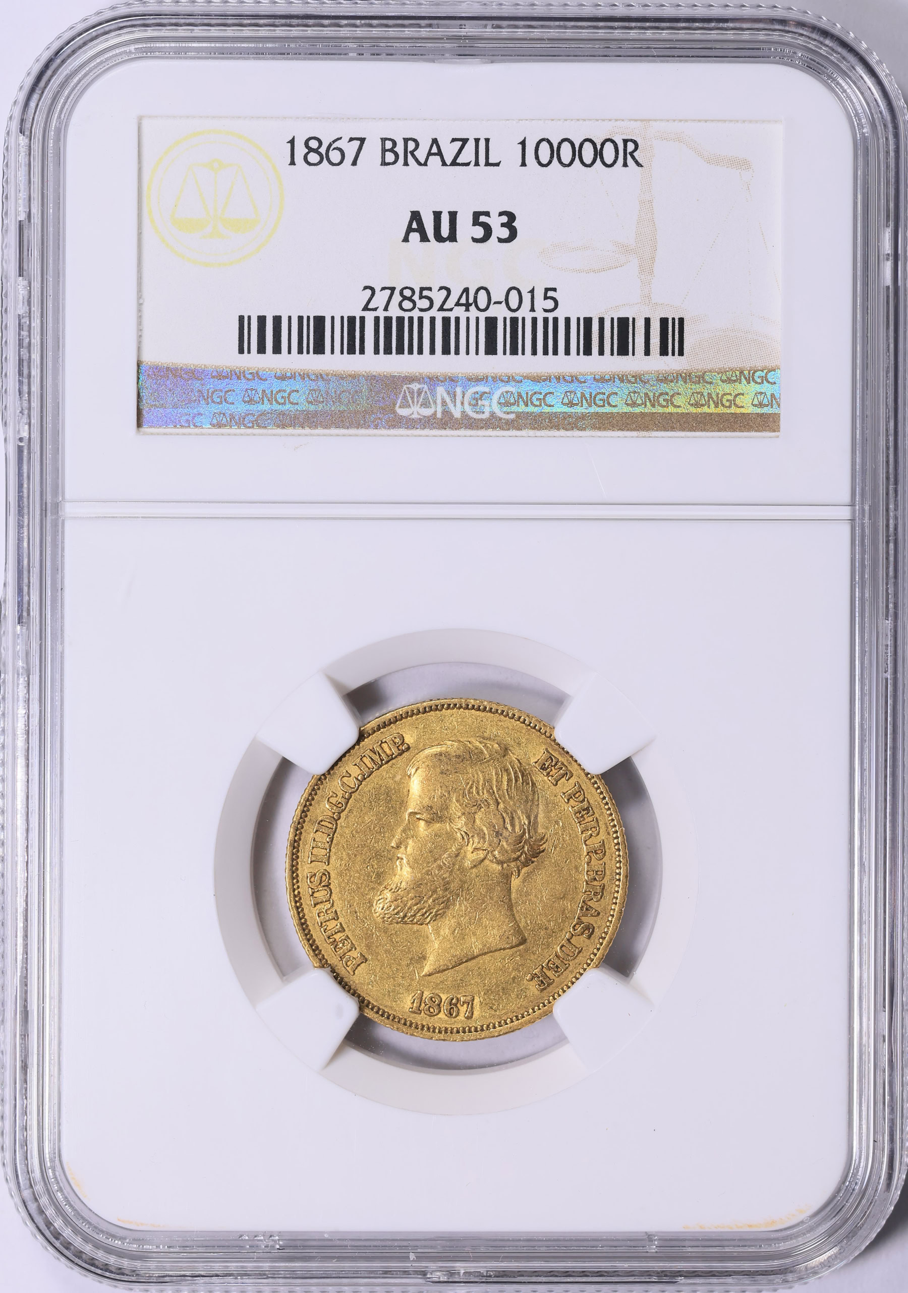 Brazil 1867 Gold 10,000 Reis KM-467 NGC AU-53 (AGW = 0.2643 oz.) (Item ...