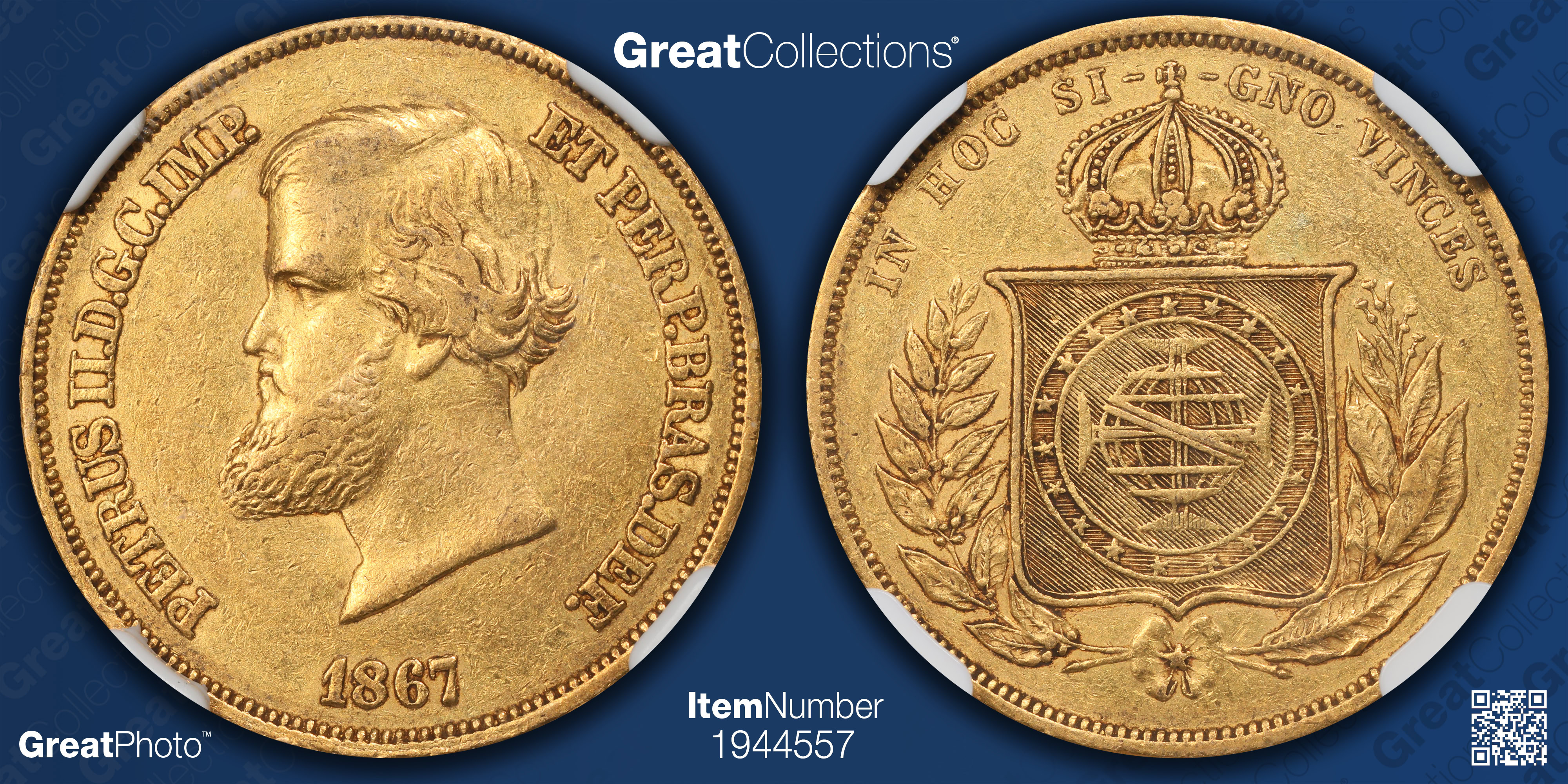 Brazil 1867 Gold 10,000 Reis KM-467 NGC AU-53 (AGW = 0.2643 oz.) (Item ...