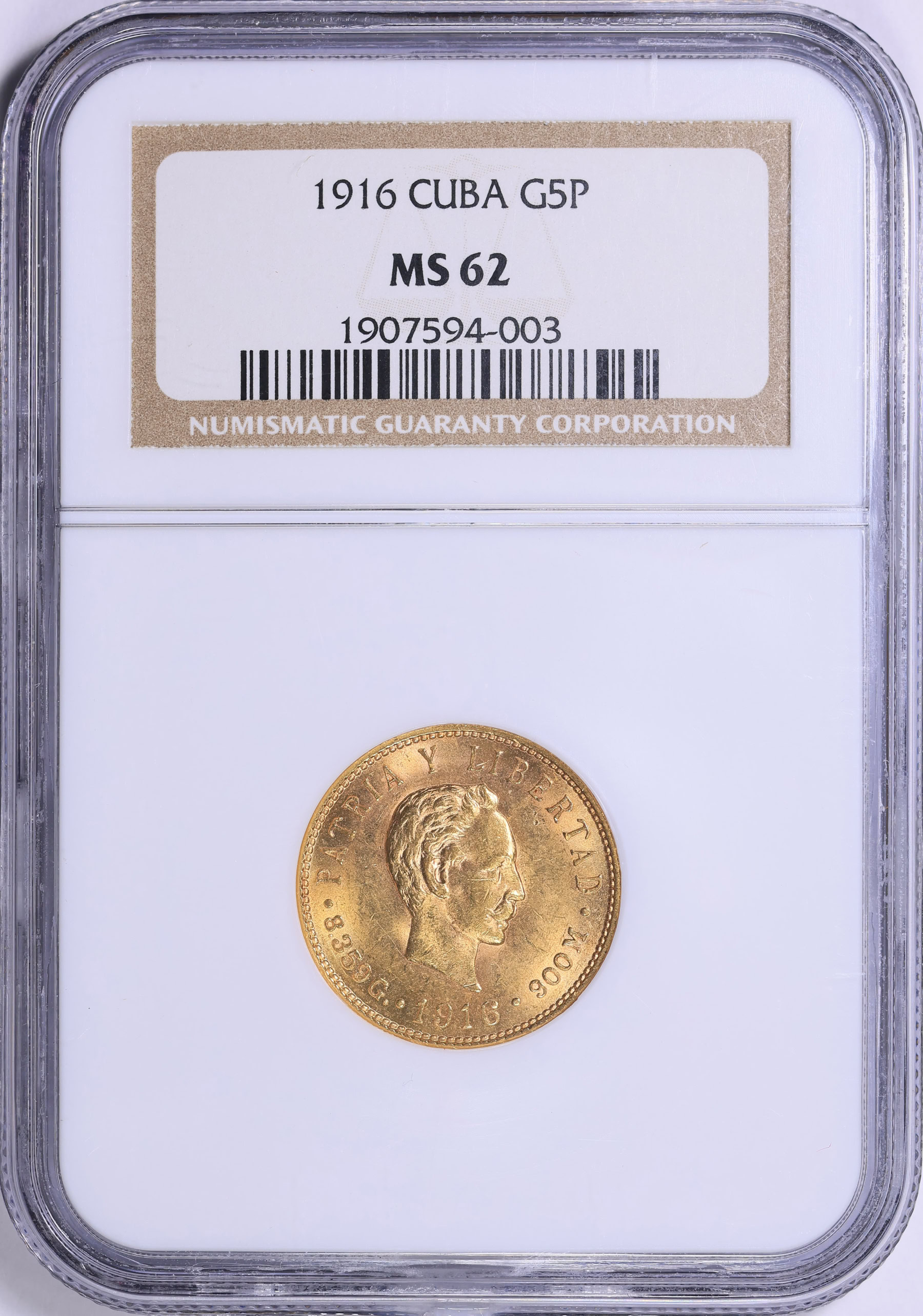 Cuba 1916 Gold 5 Pesos KM-19 NGC MS-62 (AGW = 0.2419 oz.) (Item 1944561 ...