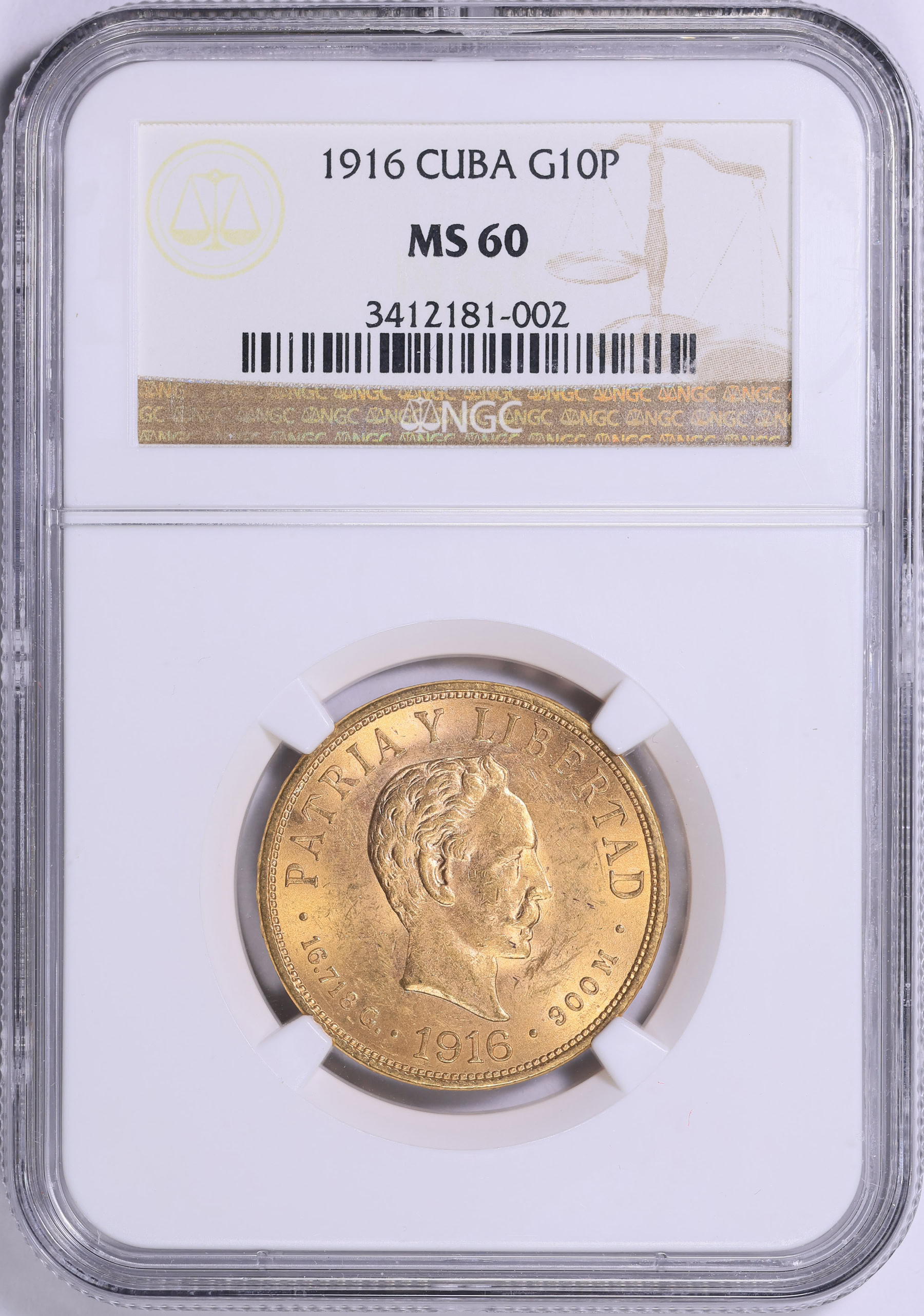 Cuba 1916 Gold 10 Pesos KM-20 NGC MS-60 (AGW = 0.4838 oz.) (Item ...