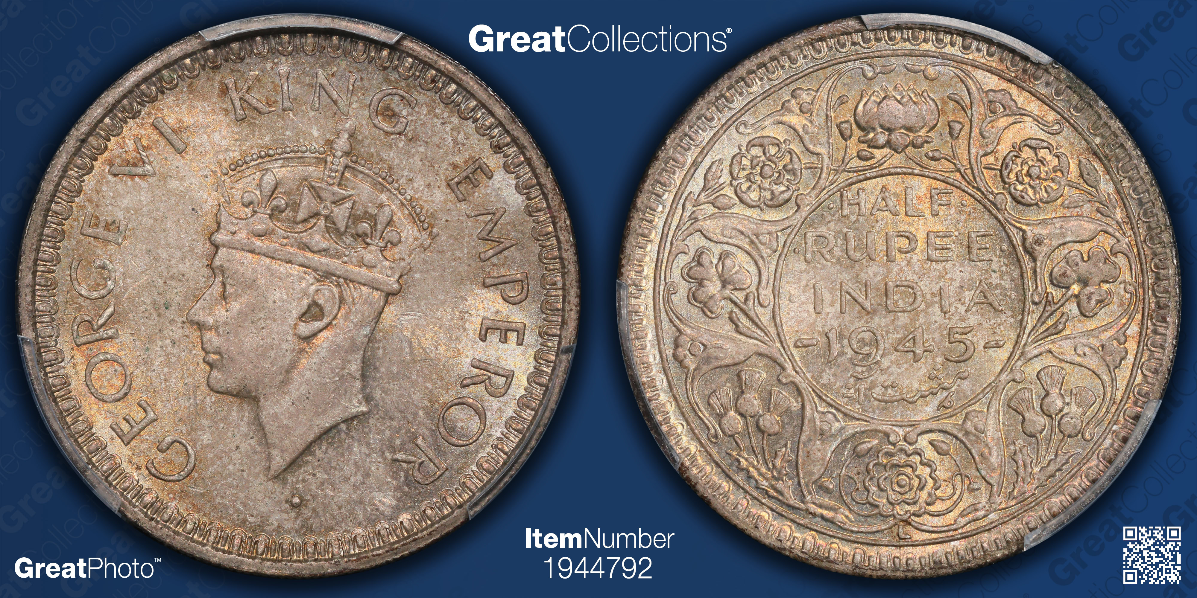 India 1945-L Silver 1/2 Rupee Small 5 KM-552 PCGS MS-63 (Item 1944792 ...