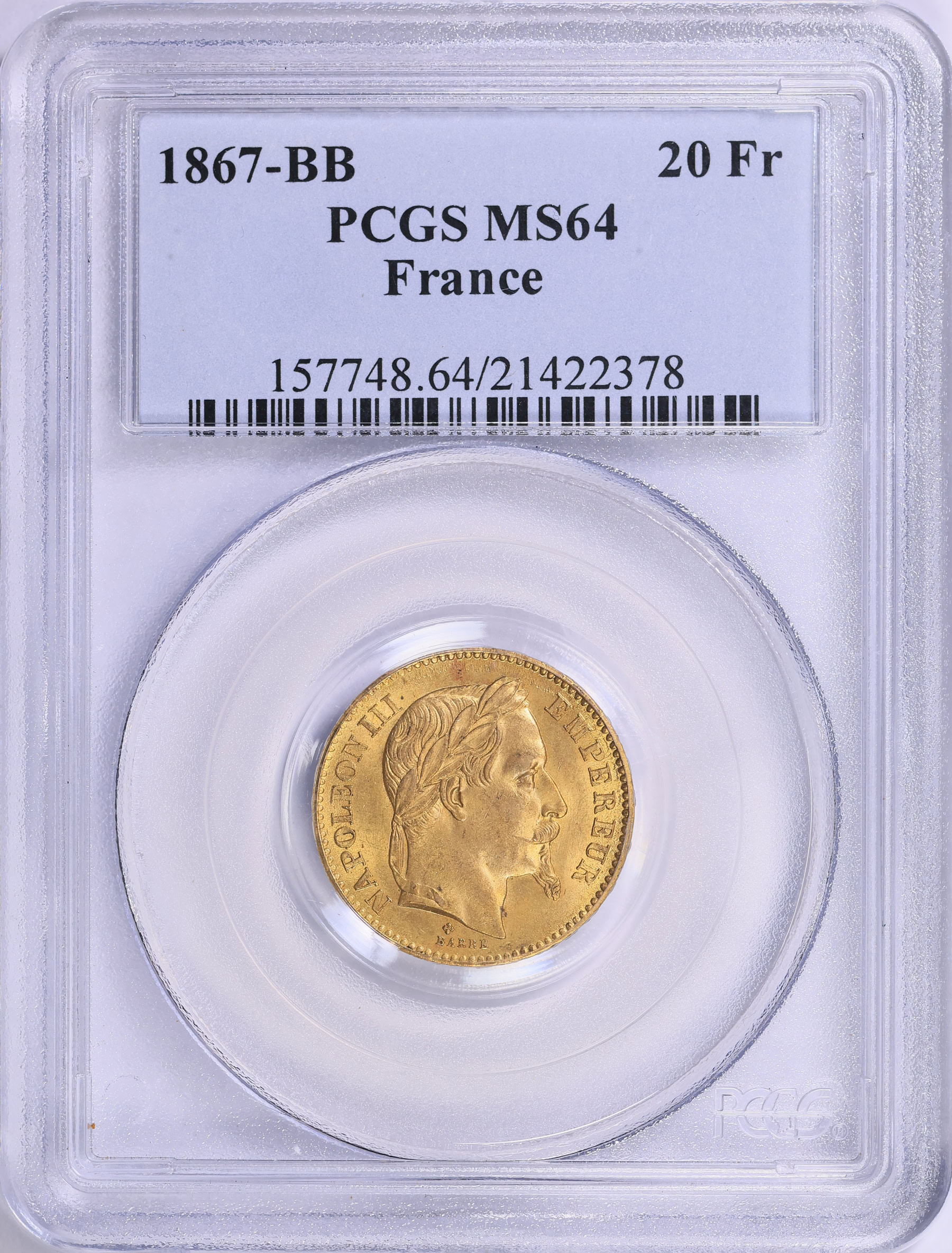 France 1867-BB Gold 20 Francs KM-801.2 PCGS MS-64 (AGW = 0.1867 oz ...