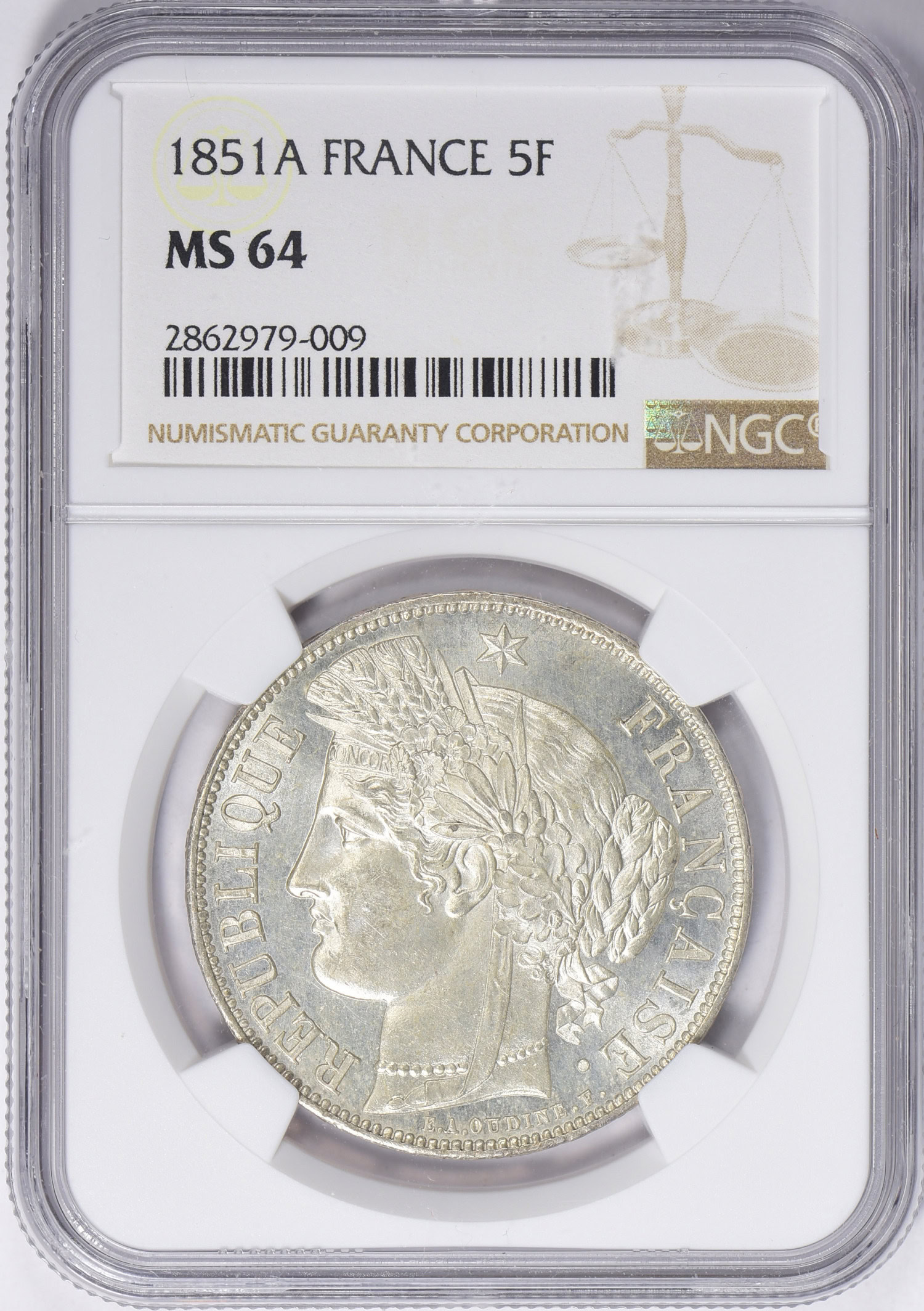 France 1851-A Silver 5 Francs Gad-719 NGC MS-64 (Item 1945345 ...