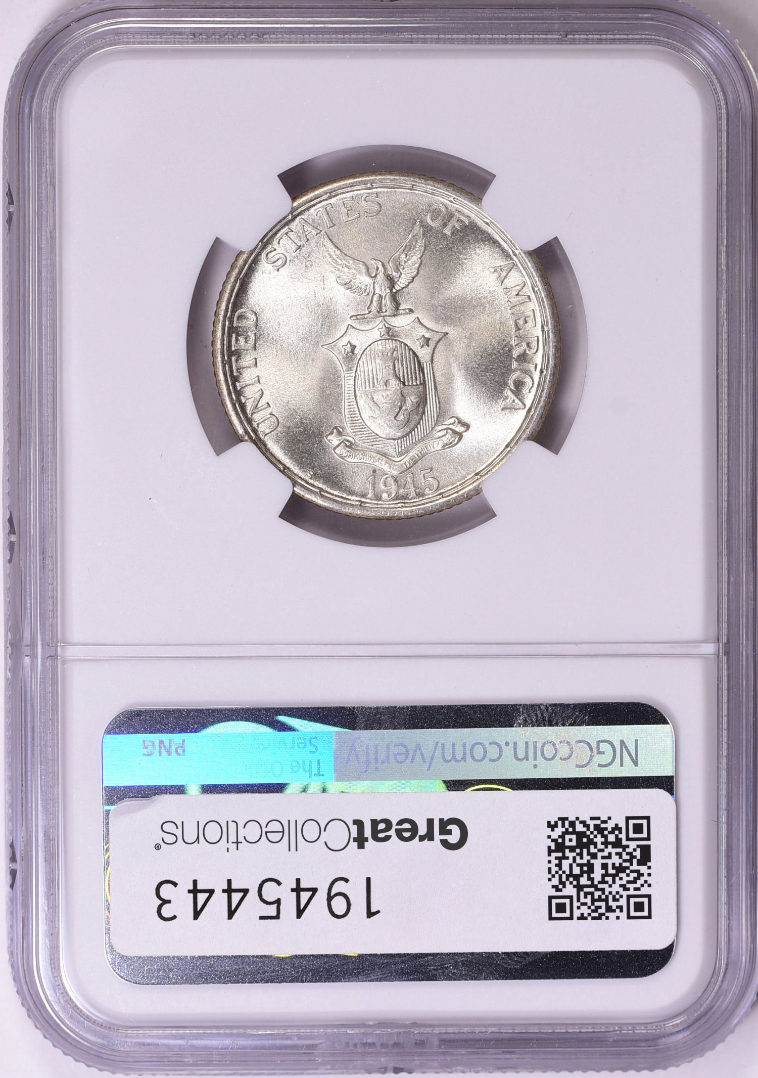 1945-S U.S. Philippines Fifty Centavos NGC MS-64 (Item 1945443) | GreatCollections Coin Auctions